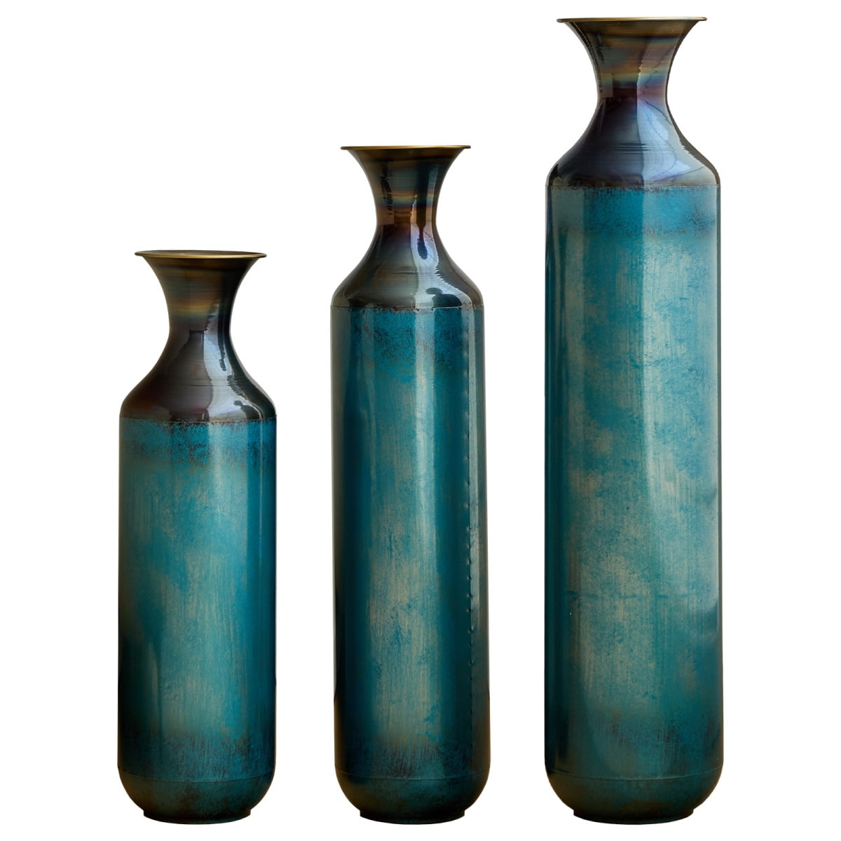 Artisanal Fire-Finished Metal Vases, Set of 3 Tall Rustic Floor Vases ...