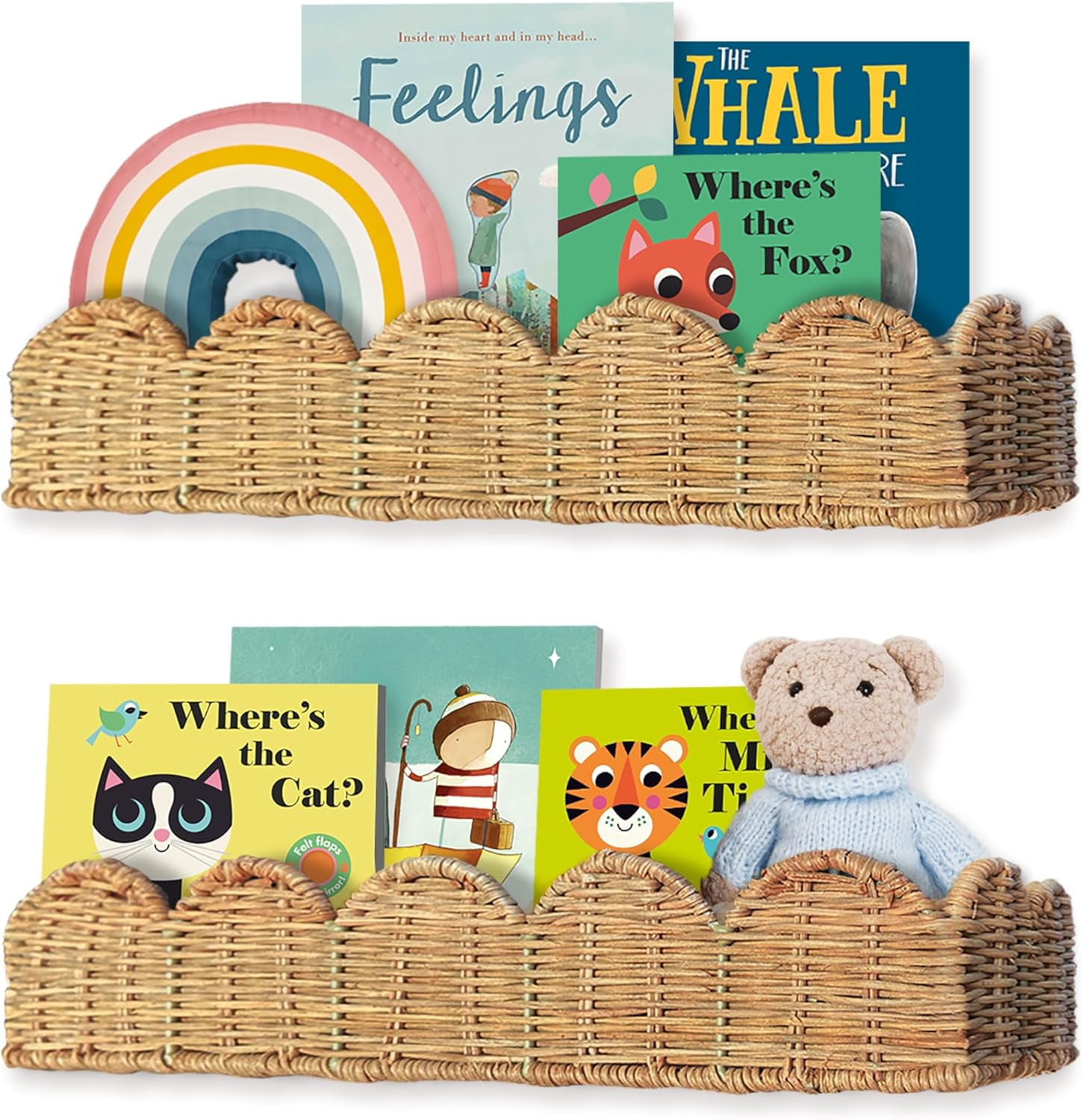 Artisanal Natural Rattan Scalloped Book Shelf For Kids Rooms 15.8" W ...