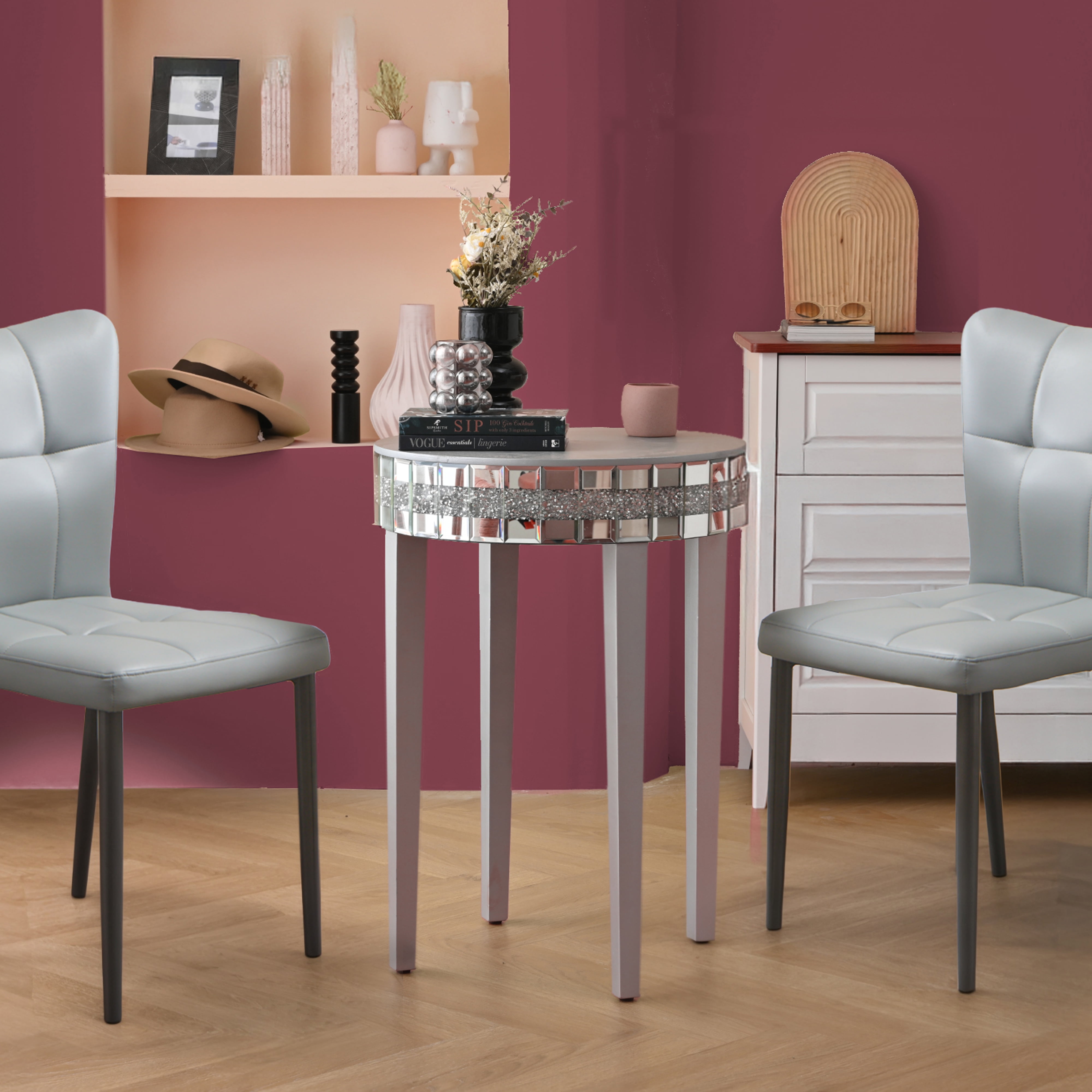 Artisanal Round Mirror Breakfast Table with Diamond-Cut Pedestal Space ...