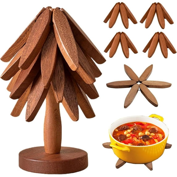 Artisanal Wooden Tree Coasters Trivets Set for Hot Dishes, Tree Shape ...