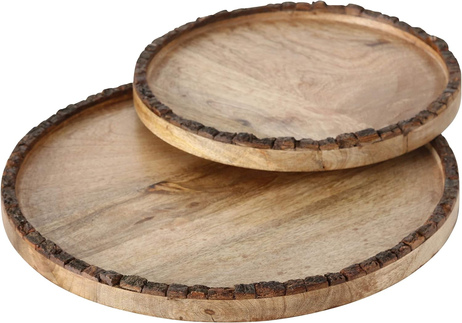 Artisinal Bark Rimmed Wooden Plates, Set of 2, Rustic Mango and Ash ...