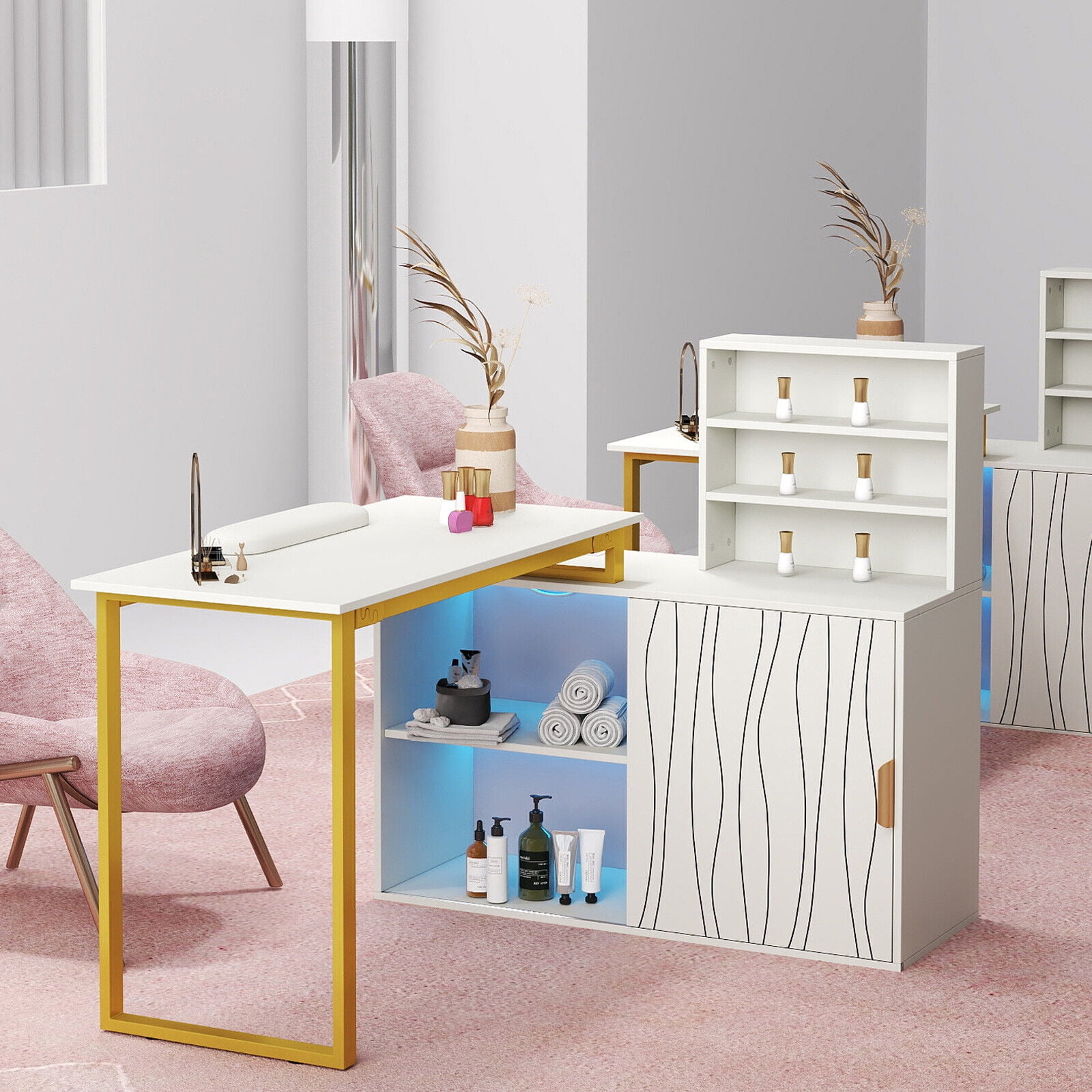 Artist Hand Nail Desk Manicure Table Station with Shelves, Remote ...