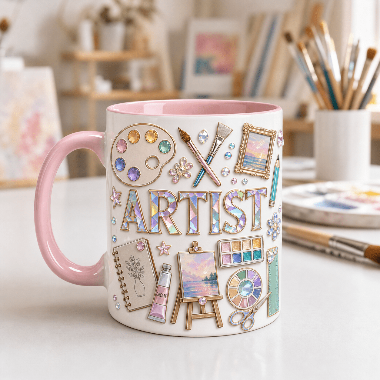Artist Mug 3D Effect Pink Handle Custom Art Studio Mug for Painters ...