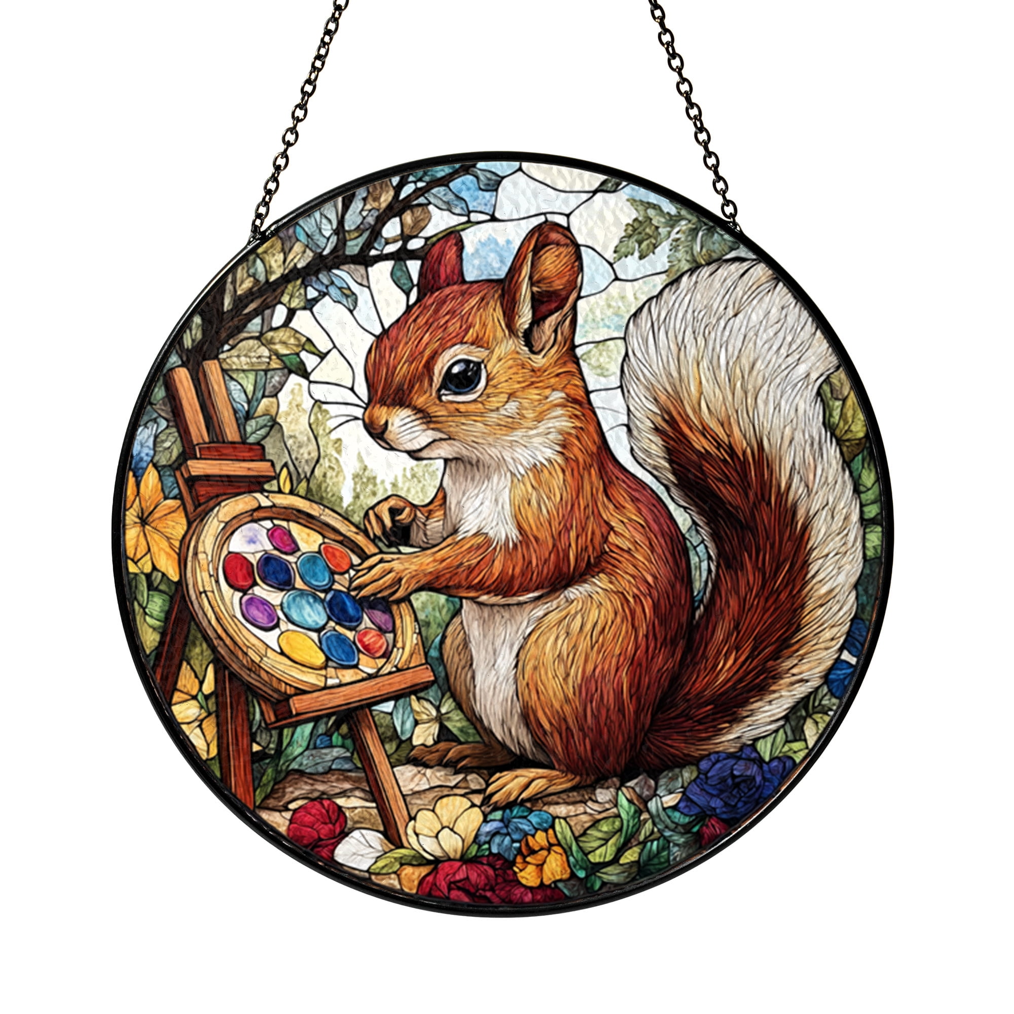 Artist Squirrel Suncatcher, Round Stained Glass Woodland Animal Art ...