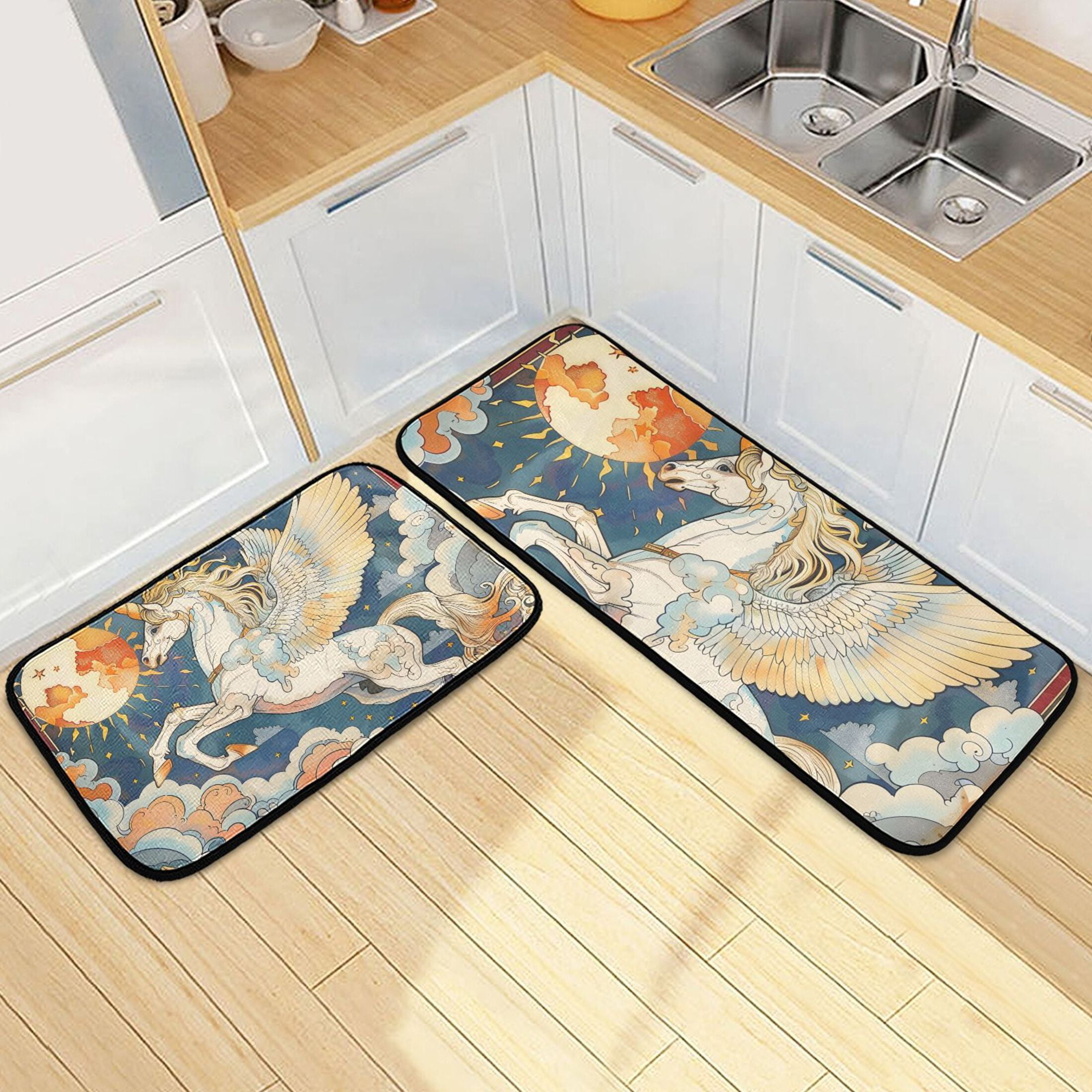 Artist Unicorn Flying Kitchen Rugs Set of 2 Non Slip Floor Foam Mat ...
