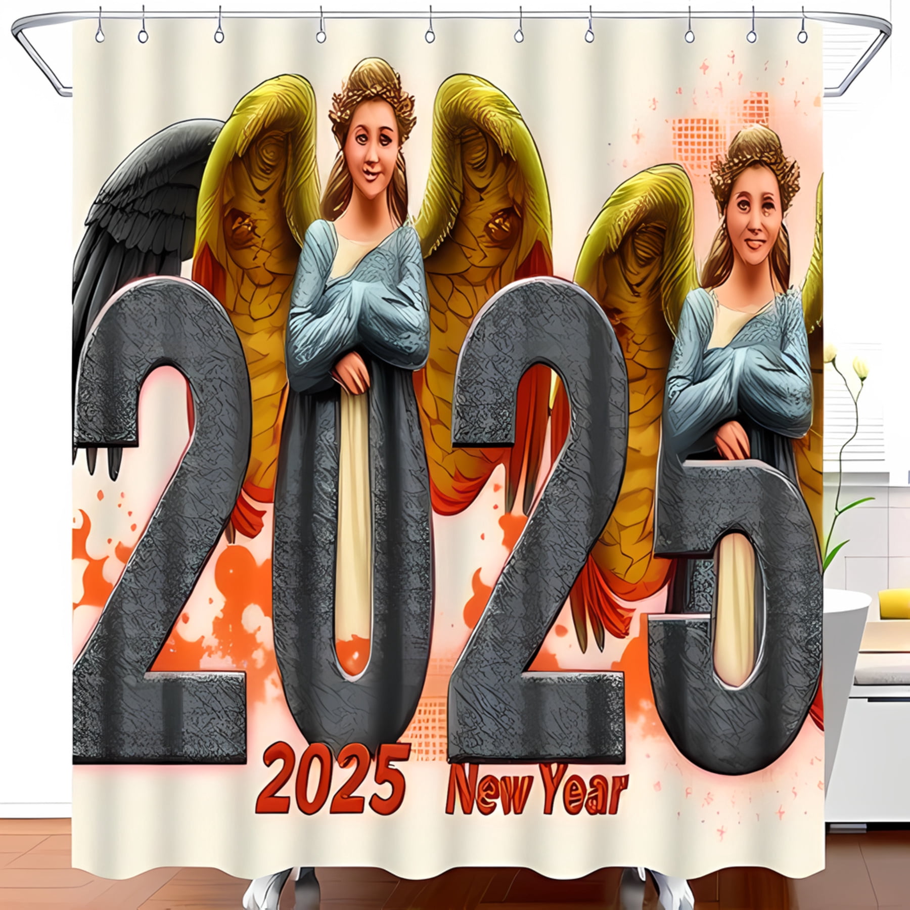 Artistic 2025 Shower Curtain with Numbers & Angelic Figures in Fiery ...