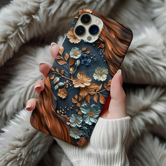 Artistic 3D Wood Carved Floral Design Phone Case 17 16 15 14 13 12 11 ...