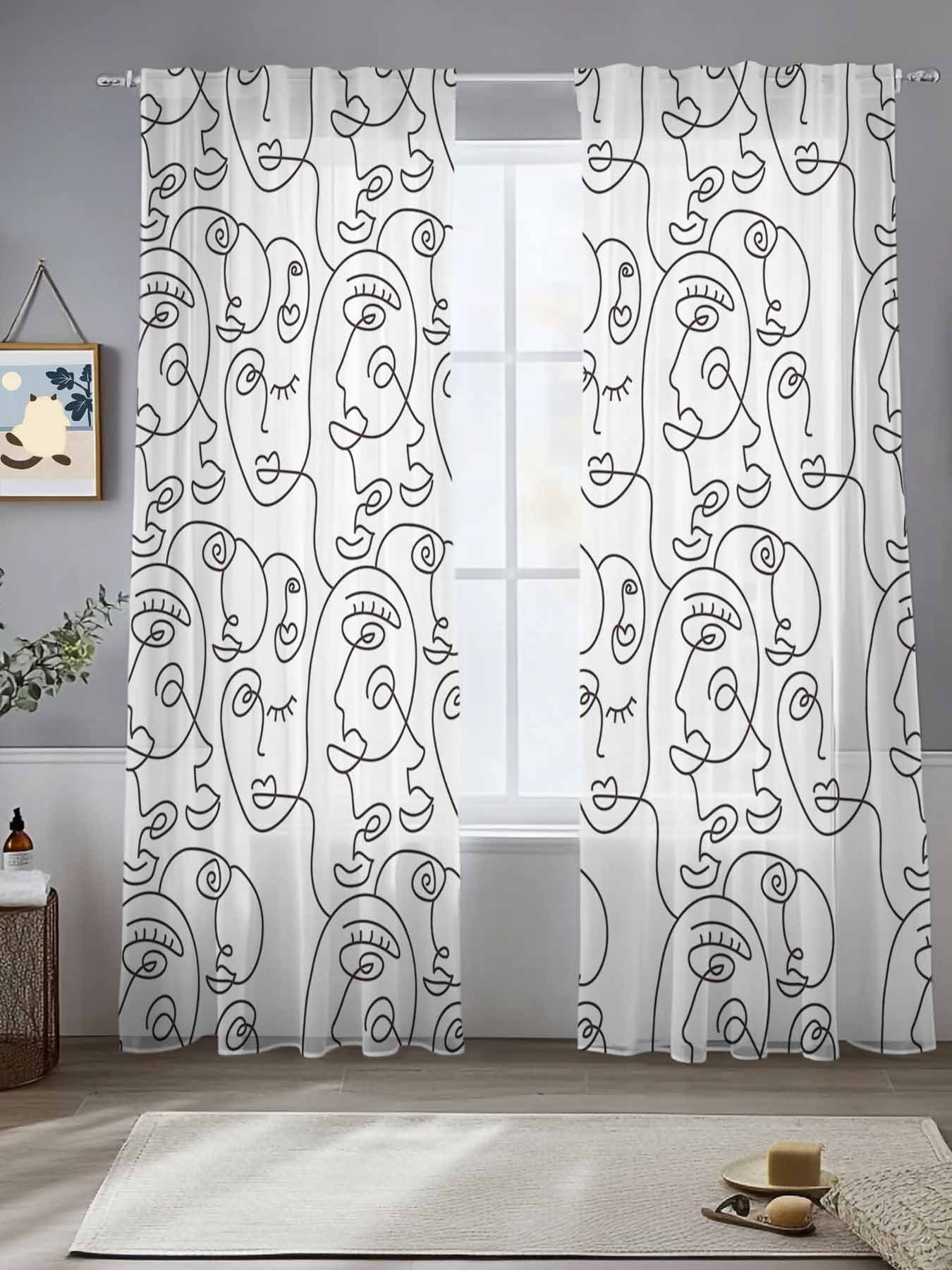 Artistic Abstract Face Sheer Curtains 108 Inches Long 2 Panels Light ...