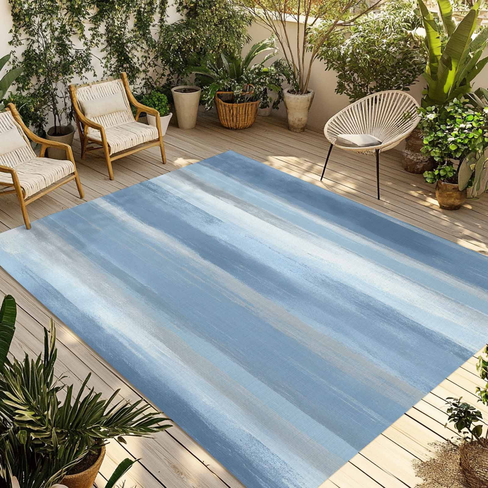 Artistic Abstract Outdoor Rug 5x8 ft Oil Painting Gradient Blue Stripes ...