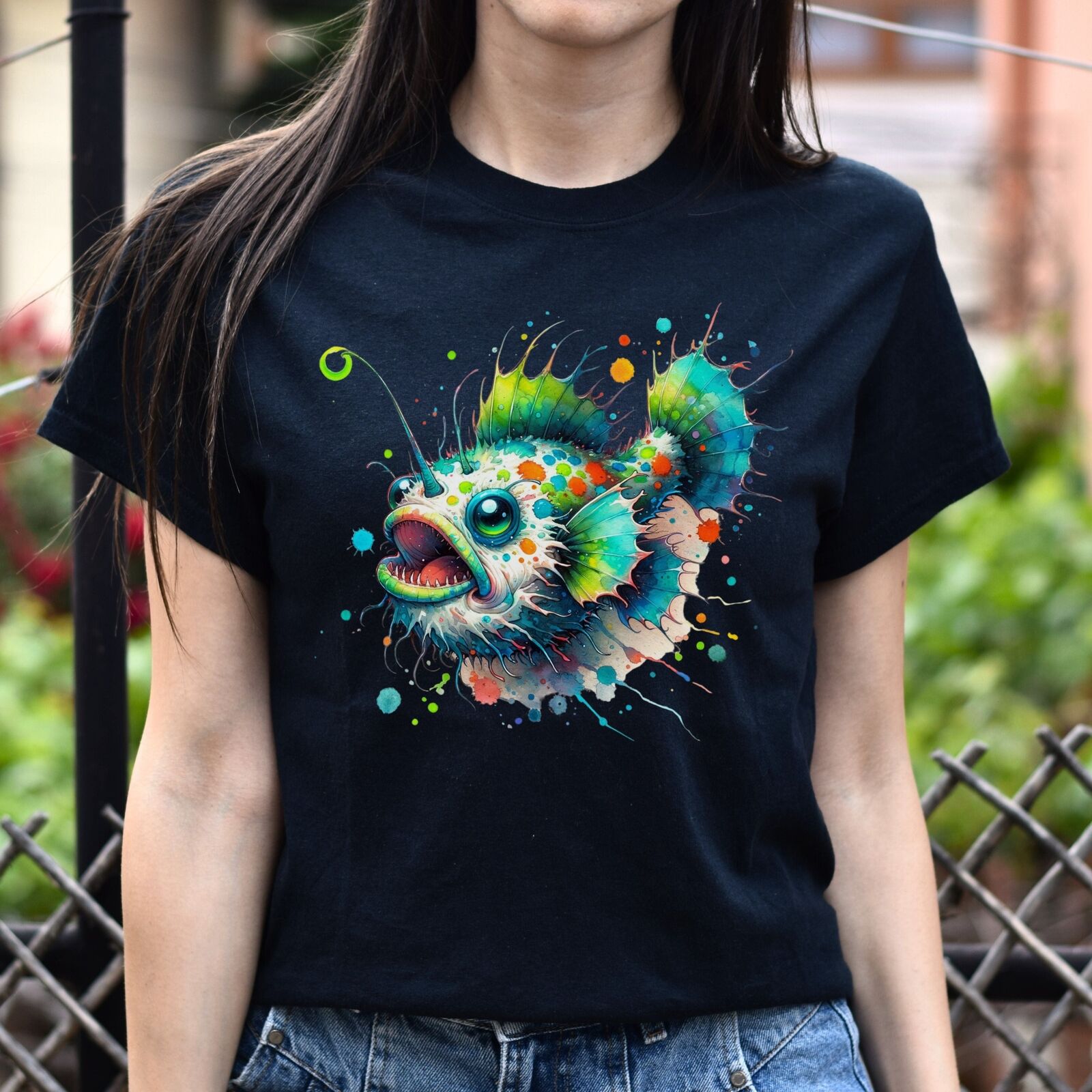 Artistic Anglerfish deep fish Color Splash Unisex T-shirt Black Navy ...
