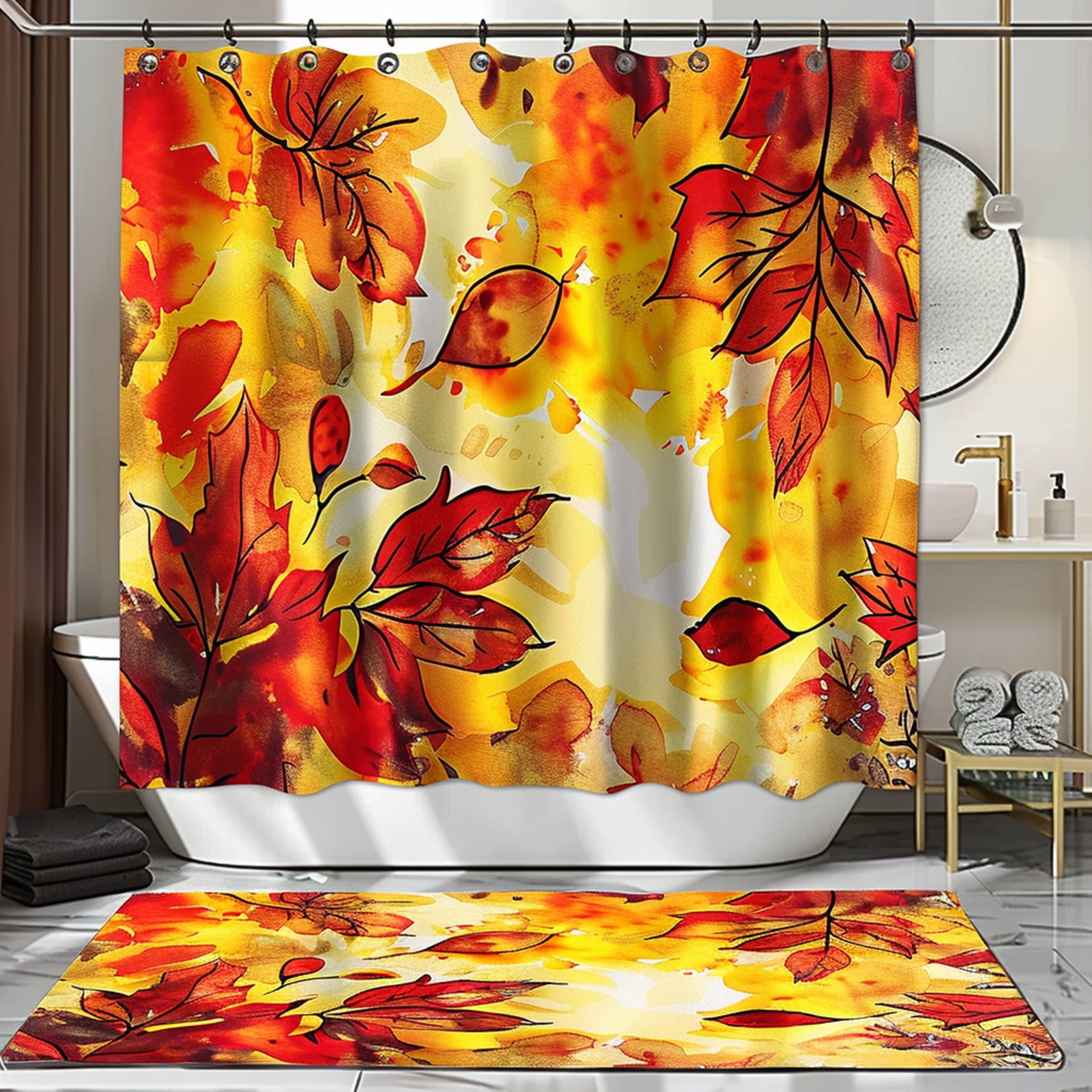 Artistic Autumn Vibes Yellow And Red Watercolor Leaves Shower Curtain