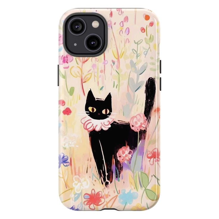 Artistic Black Cat in Flower Field Phone Case, Pastel Floral Meadow ...