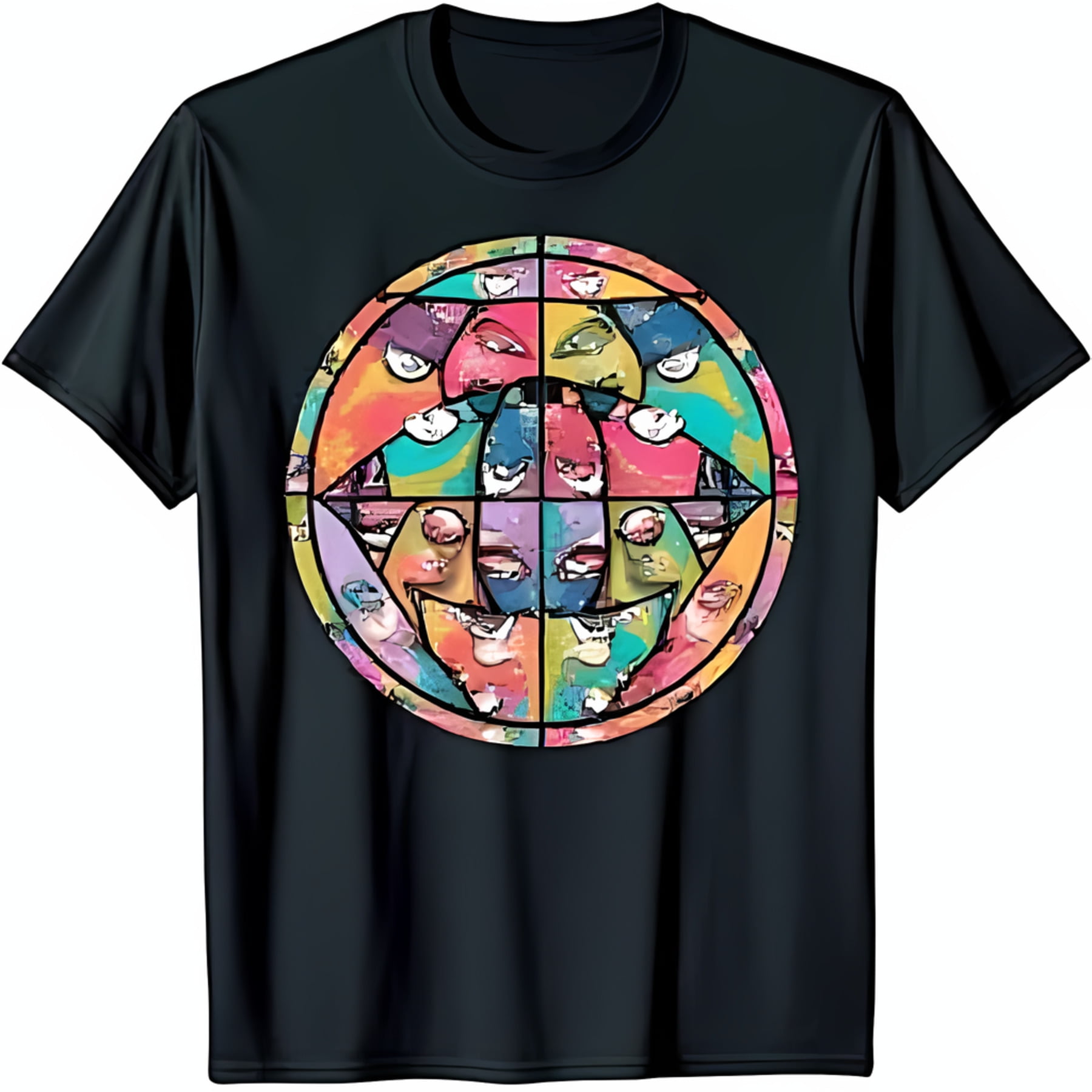 Artistic Black T-Shirt with Circular Face Design Expressive Emotions ...