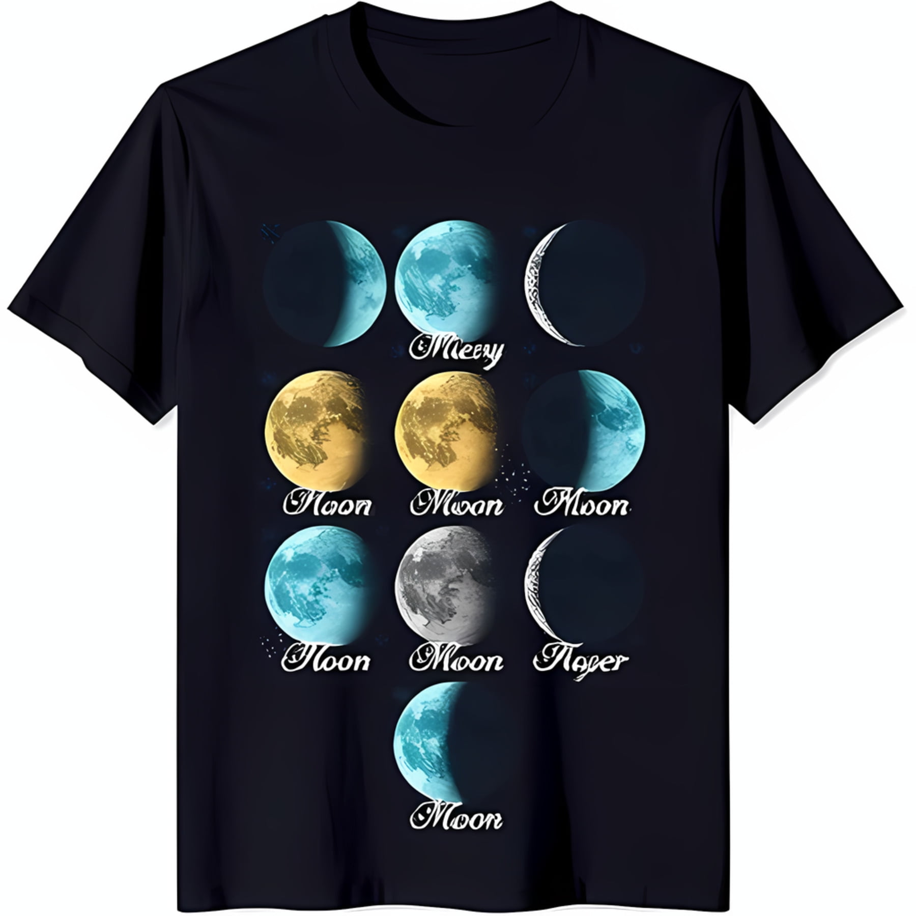 Artistic Black T-Shirt with Moon Phases Design in Blue & Yellow 'Miery ...