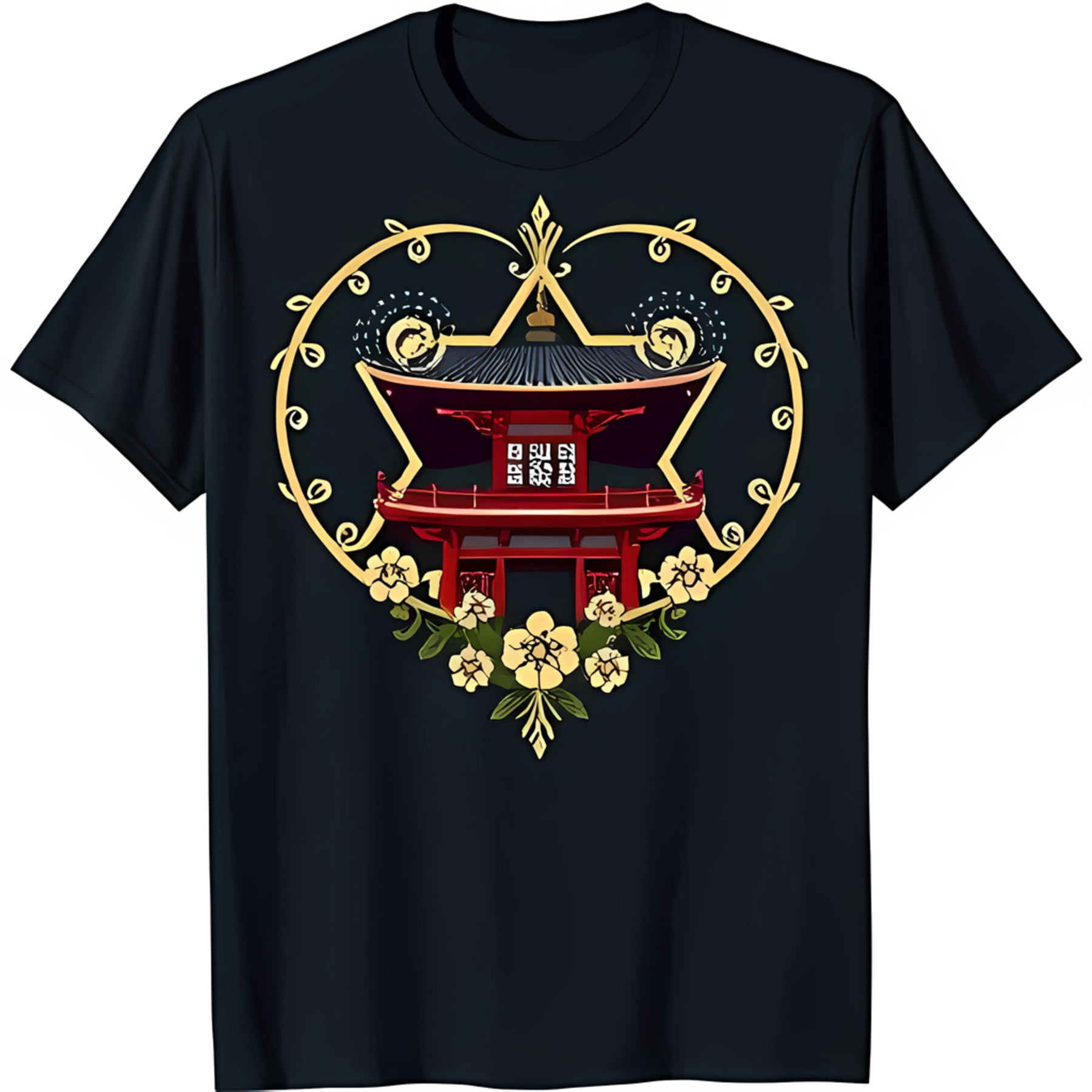 Artistic Black T-Shirt with Red and Gold Japanese Temple Design in ...