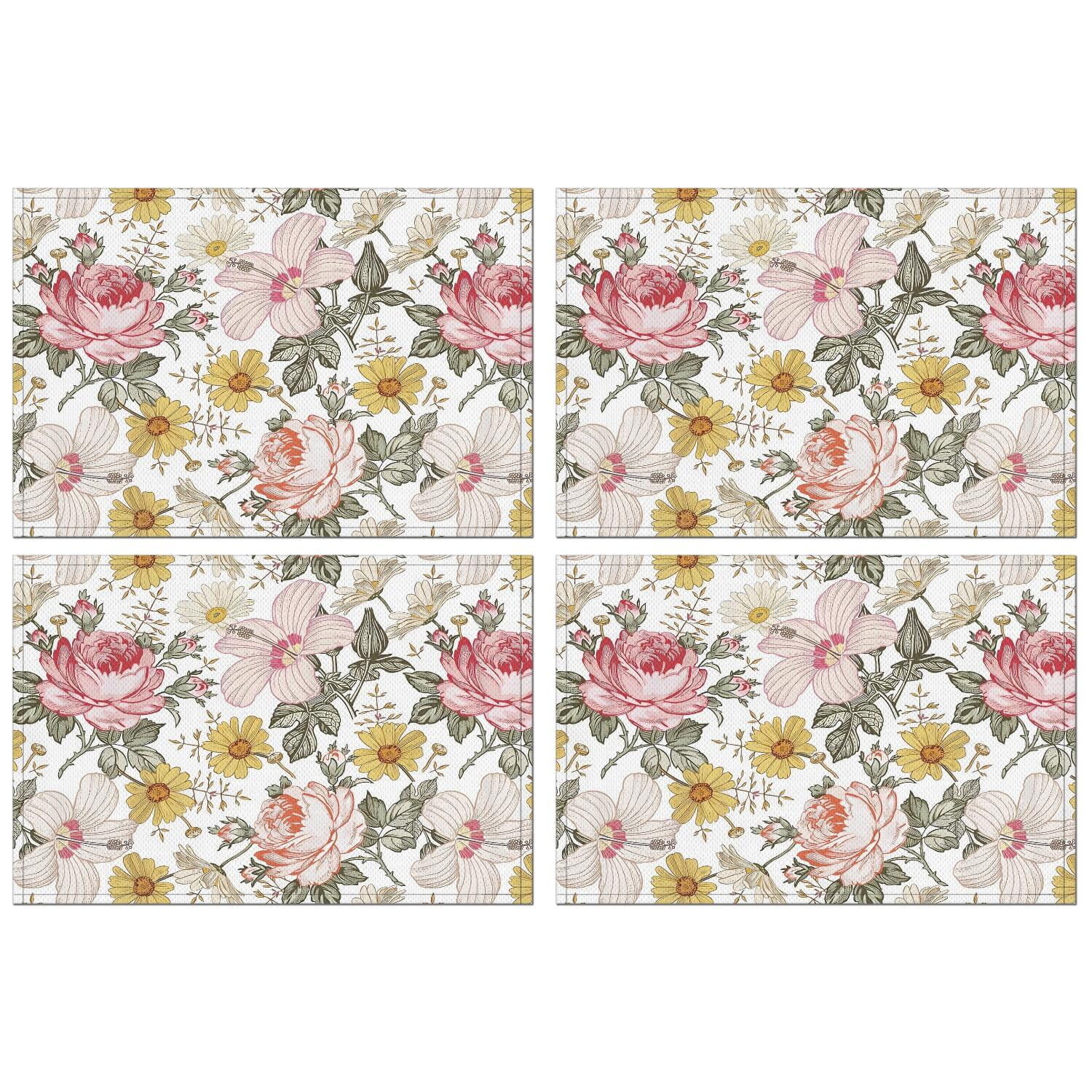 Artistic Bloom Wrinkle Free Table Mats, Floral Butterfly Botanical ...