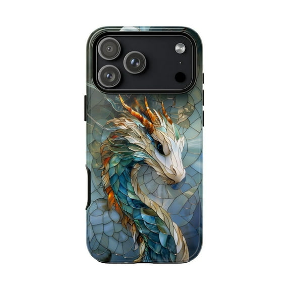 Artistic Blue Stained Glass Dragon Illustration for iPhone 17 16 15 14 ...