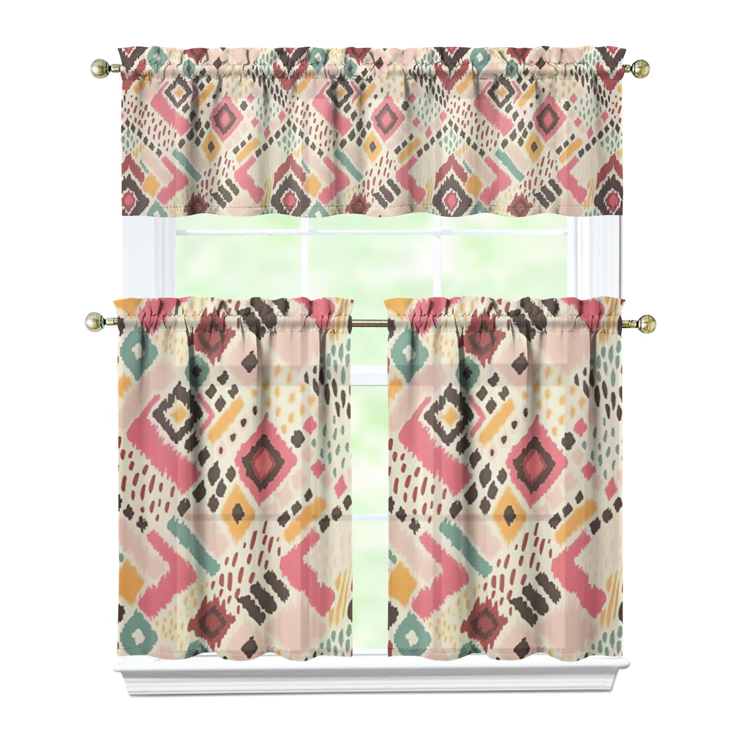 Artistic Boho Kitchen Curtains Set Bohemian Tier Valance Tribal Style ...