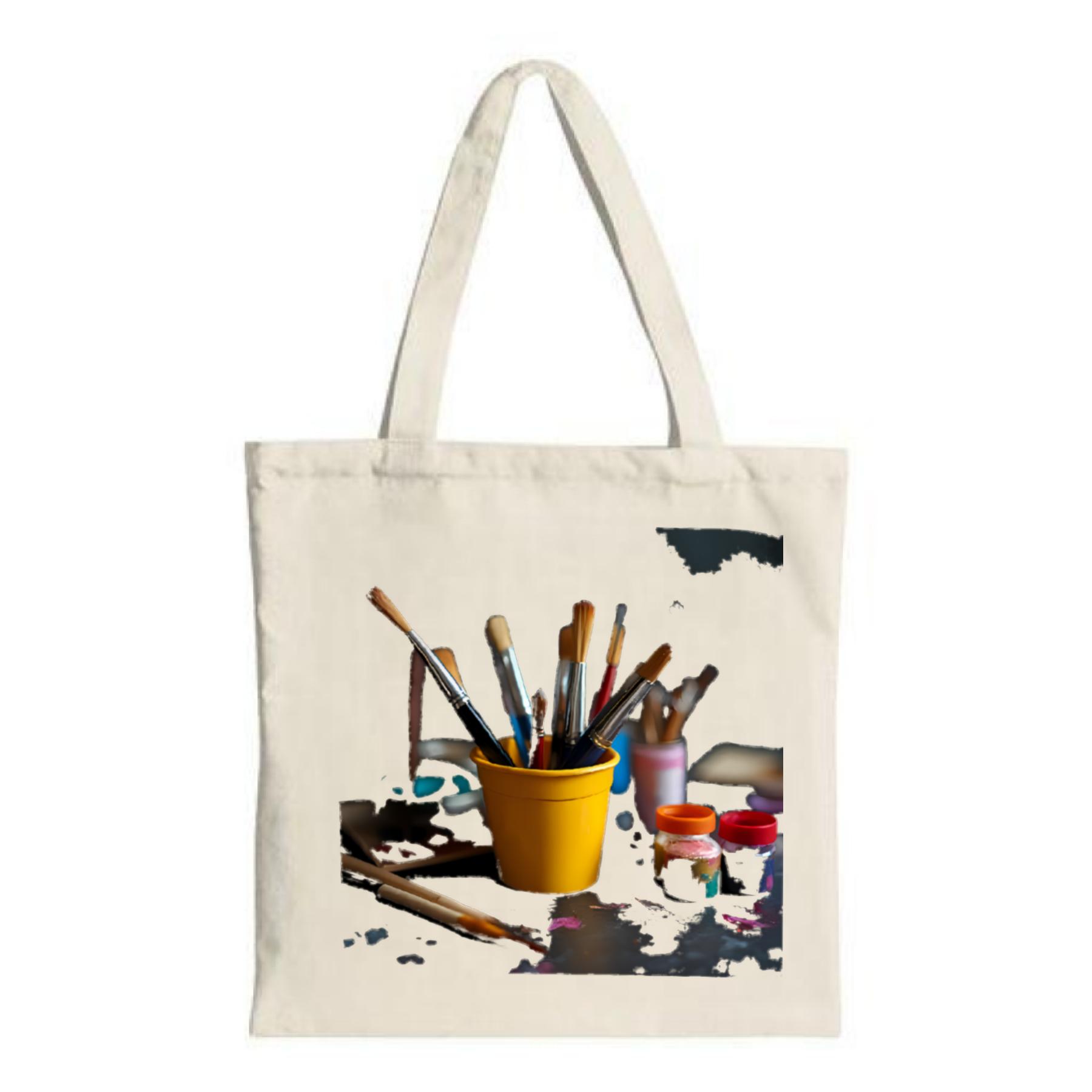Artistic Canvas Tote Bag with Yellow Paintbrush Design Colorful Palette ...