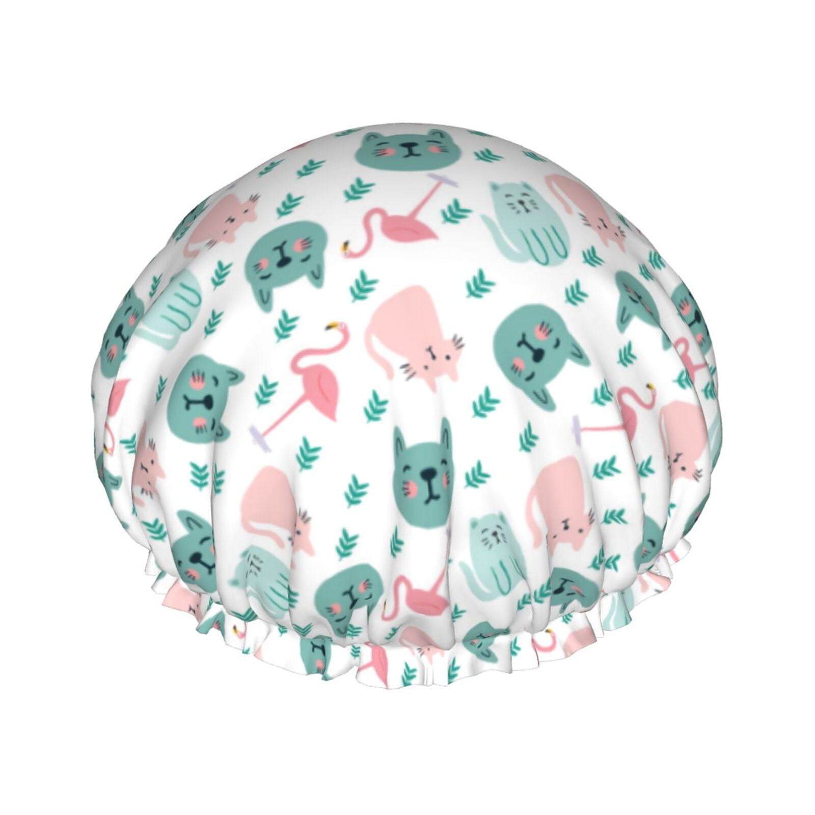 Artistic Cartoon Cat Flamingo Shower Cap, Reusable Bath Hair Hat for ...