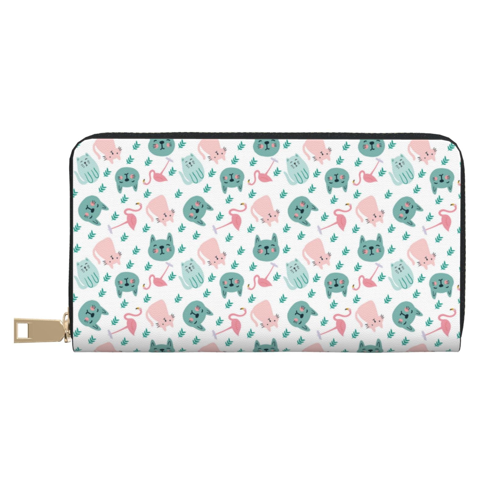 Artistic Cartoon Cat Flamingo Wallet Women, Leather Bifold Multi Card ...