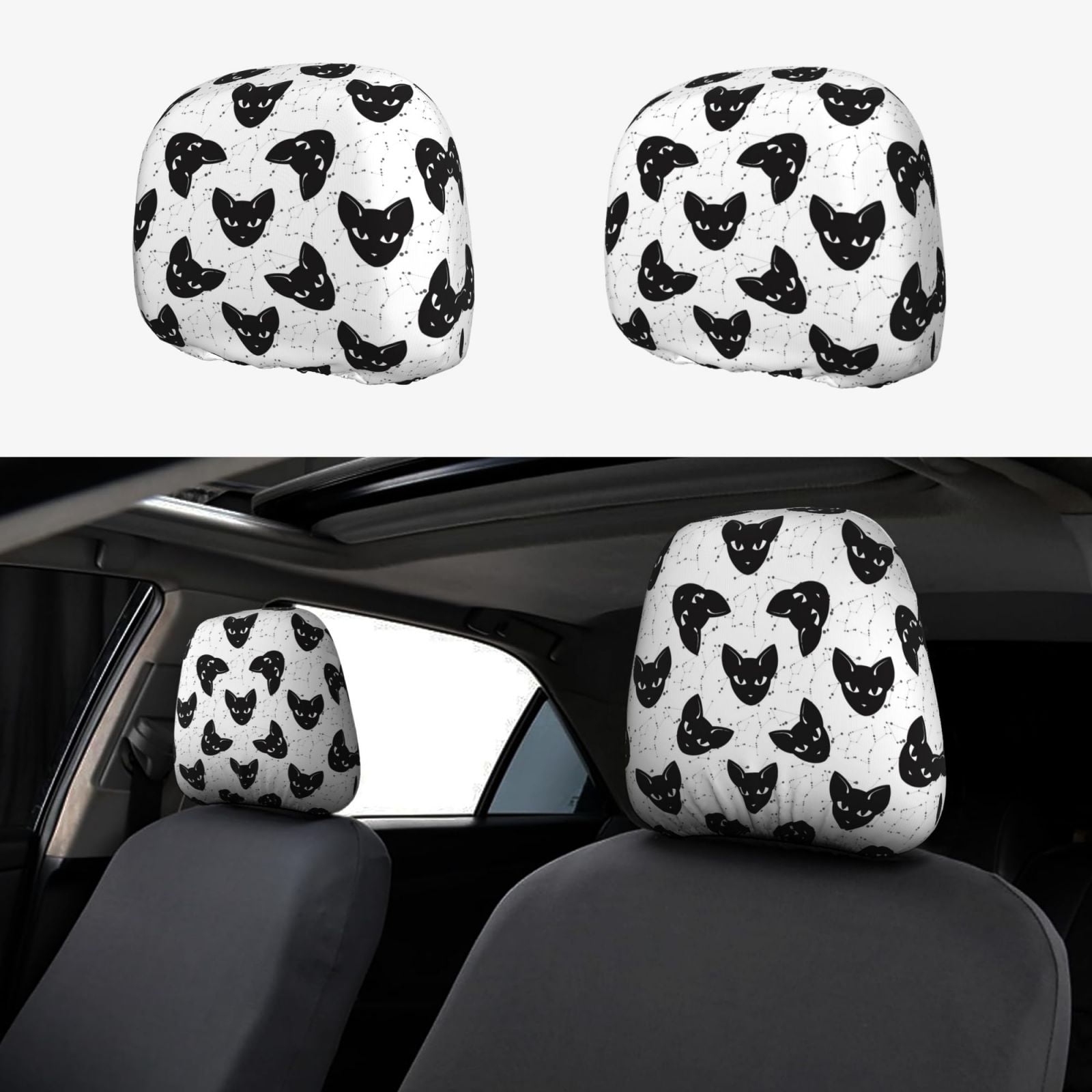 Artistic Cat Face Black Headrest Cover for Cars, 2Pack Car Headrest ...