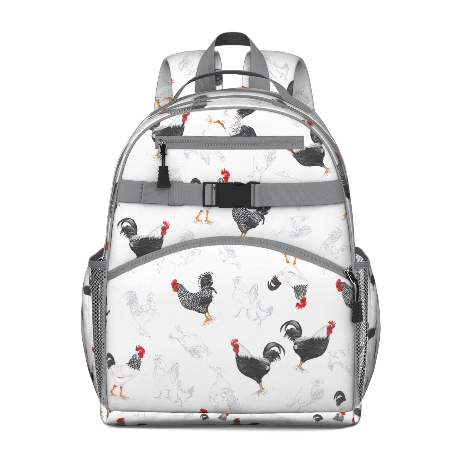 Artistic Chicken Print Students Backpack Hand-Drawn Farmhouse Design ...