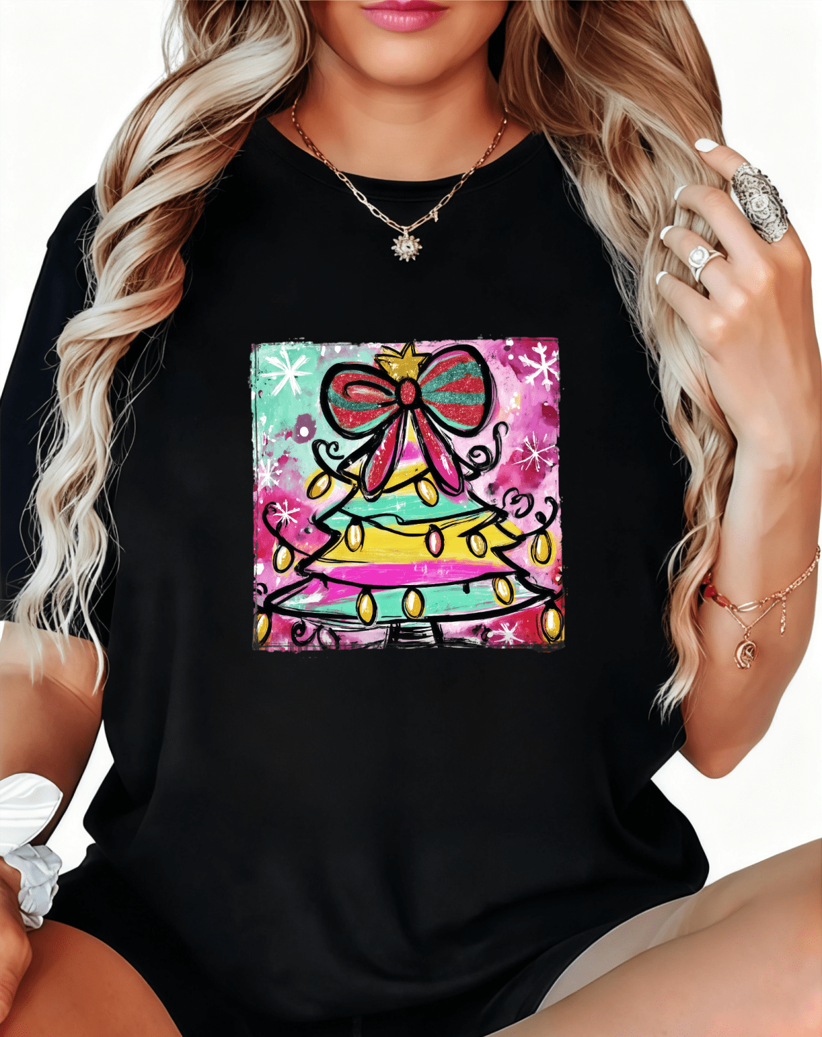 Christmas Colorful Tree Graphic Tees Print Tshirt Women Shirts Black S ...