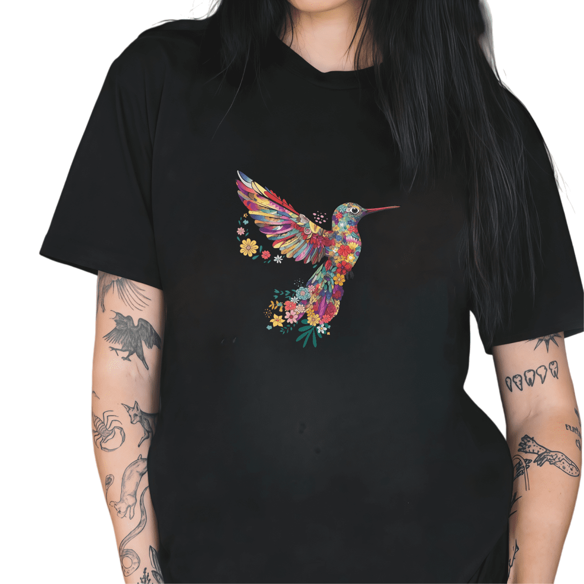 Artistic Colorful Hummingbird Black S-5XL Women's Cotton Print Tshirt ...