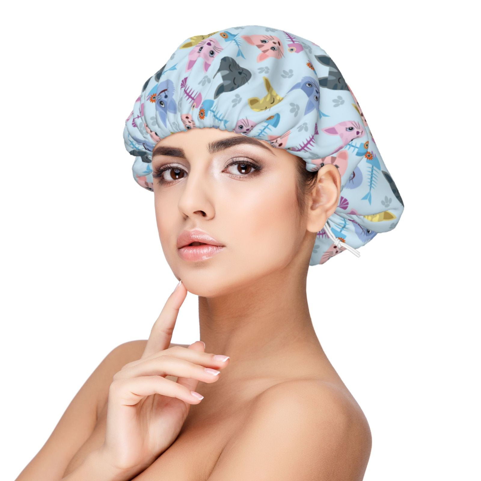 Artistic Cute Cartoon Cat Fishbone Silk Bonnet for Sleeping Women Men ...