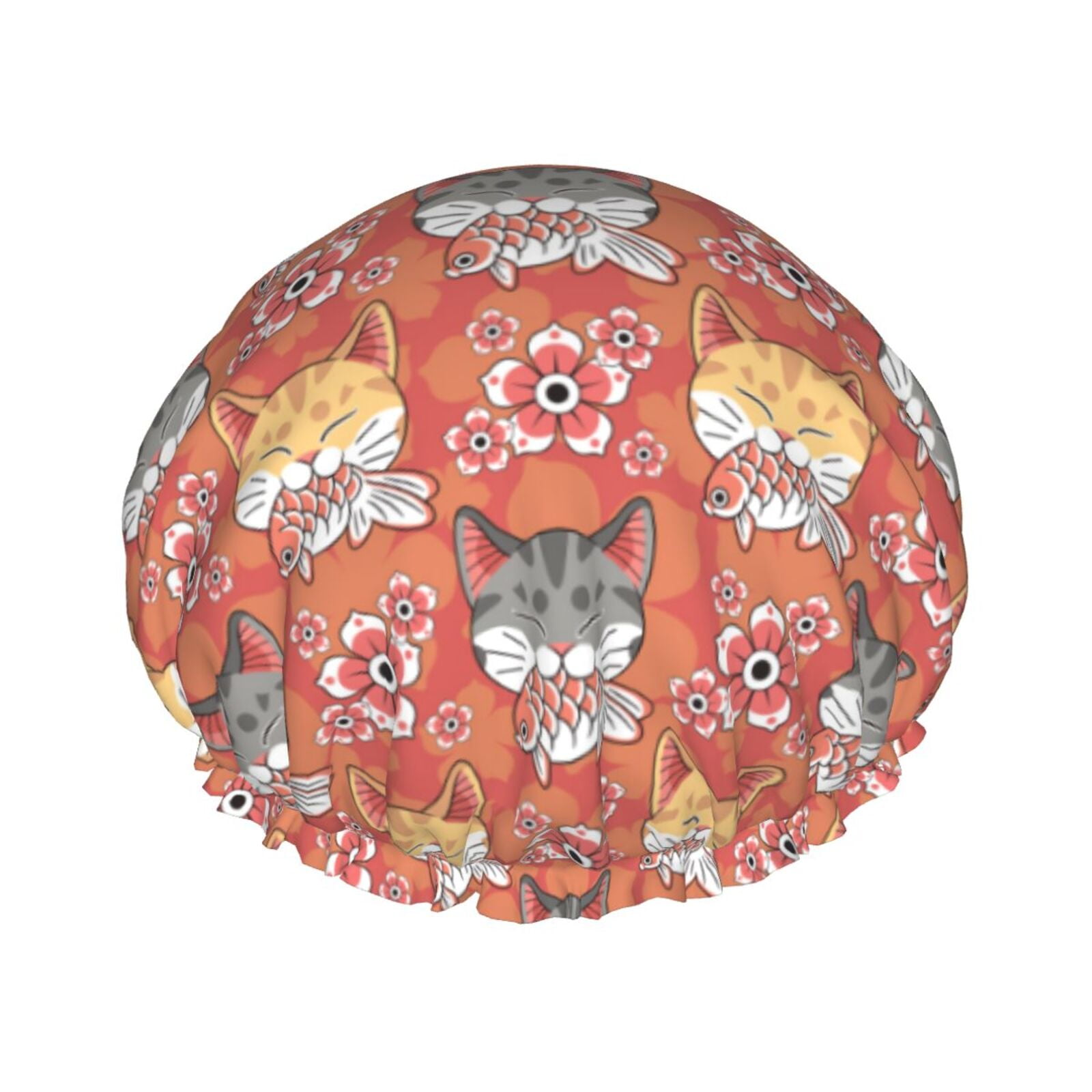 Artistic Cute Cat Fish Flower Shower Cap, Reusable Bath Hair Hat for ...