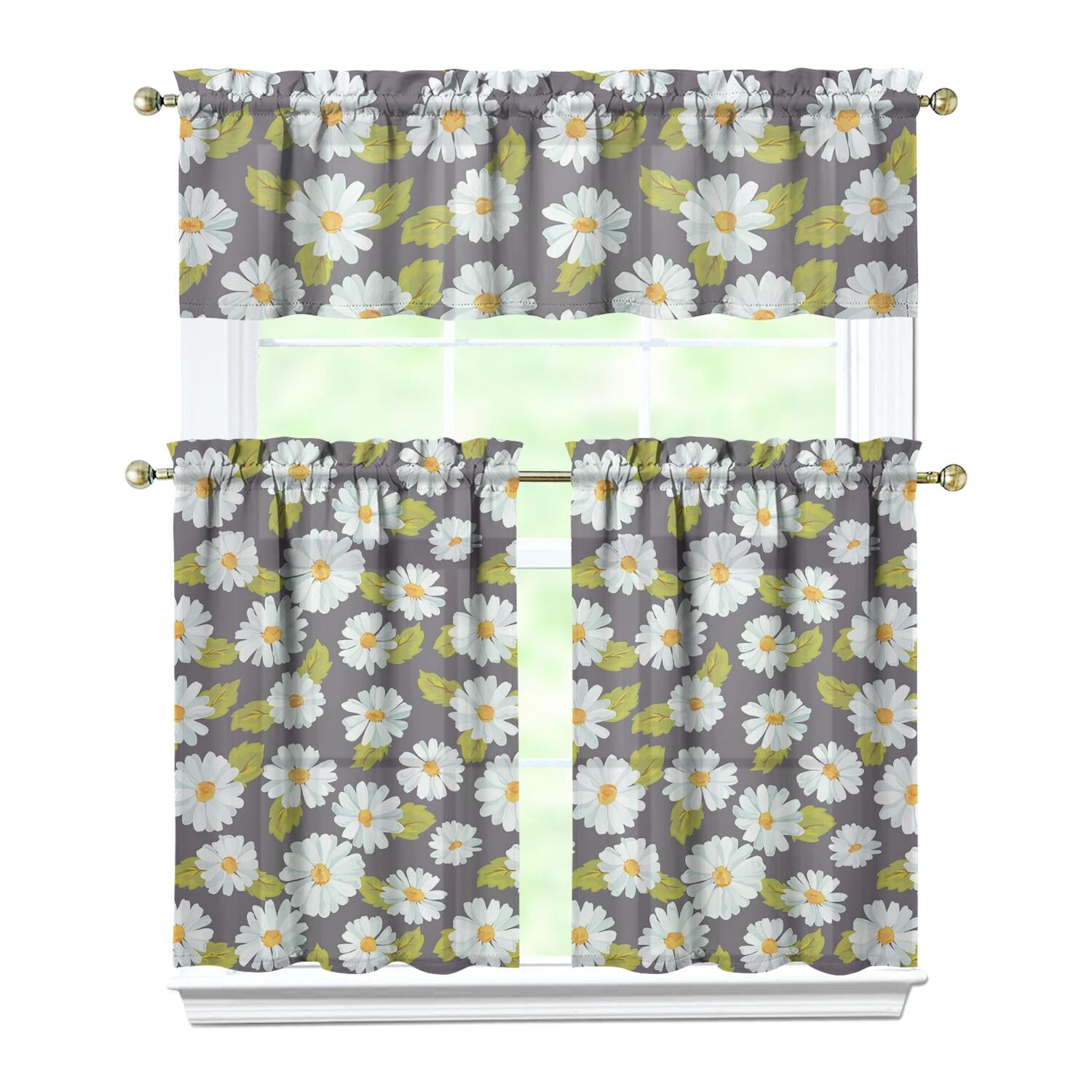 Artistic Daisy Print Kitchen Curtains - 3 PC Set with Valance, Cute ...