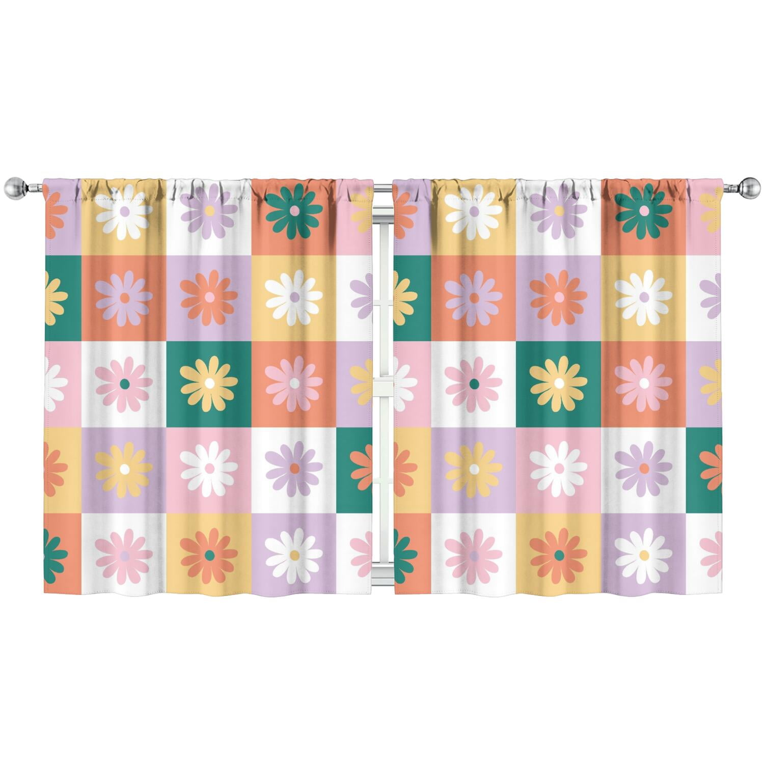 Artistic Daisy Print Kitchen Curtains Set of 2 - 52x63 Inch Semi-Sheer ...