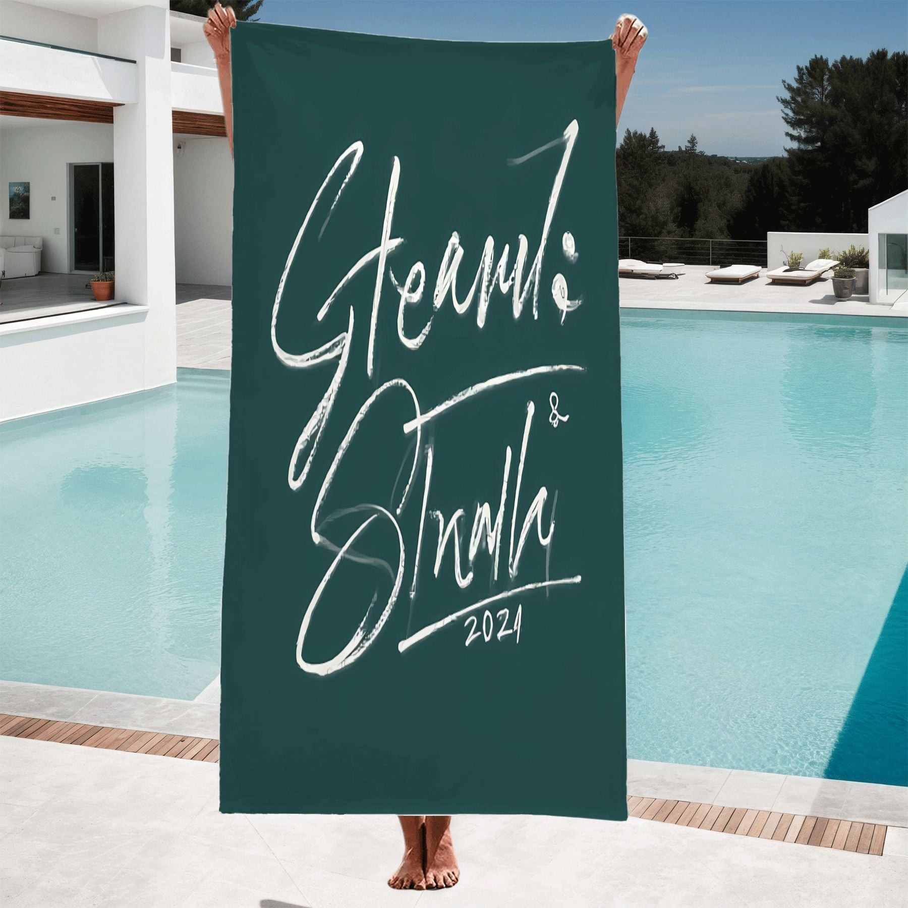 Artistic Dark Green Beach Towel with White Cursive ' Inka 2024 ' Design ...