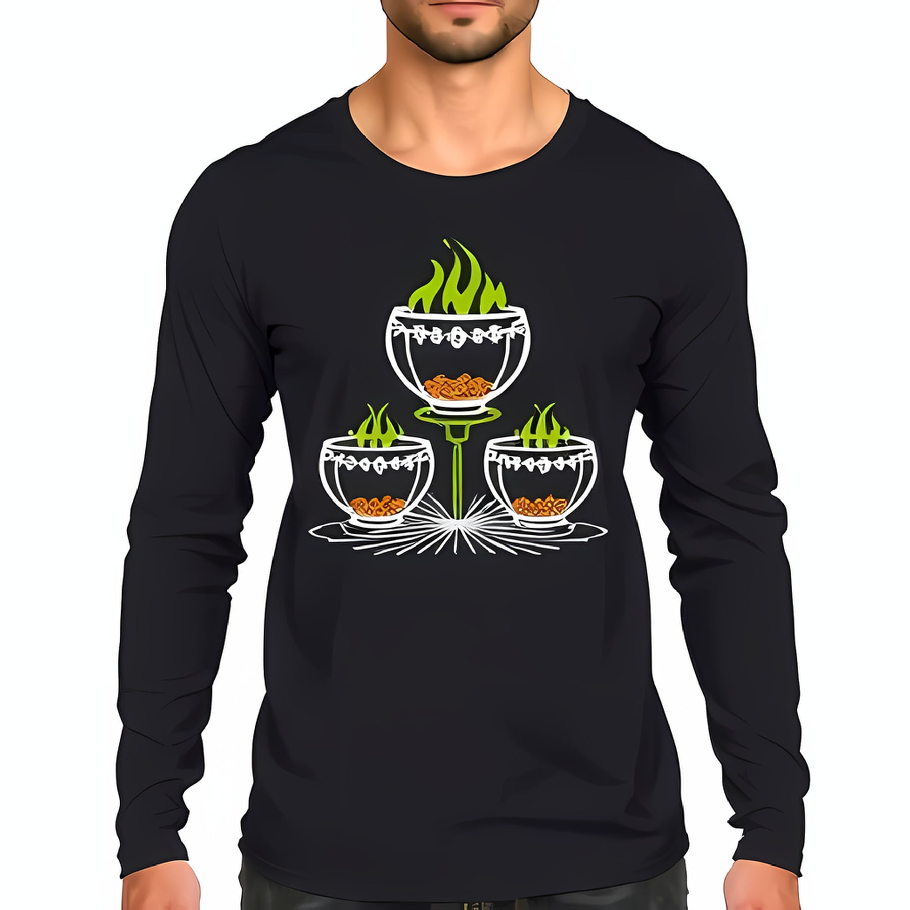 Artistic Dark Navy Blue Long Sleeve T-Shirt with Abstract Flame and Cup ...