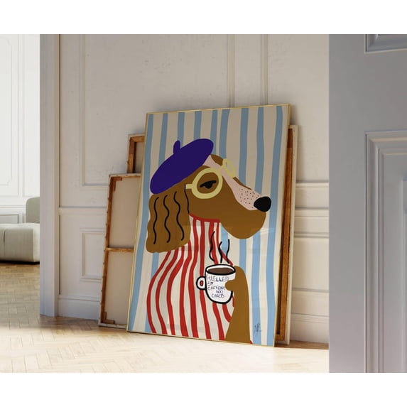 Artistic Dog with Beret Coffee Poster Funny Frenchie Wall Decor 24x36 ...