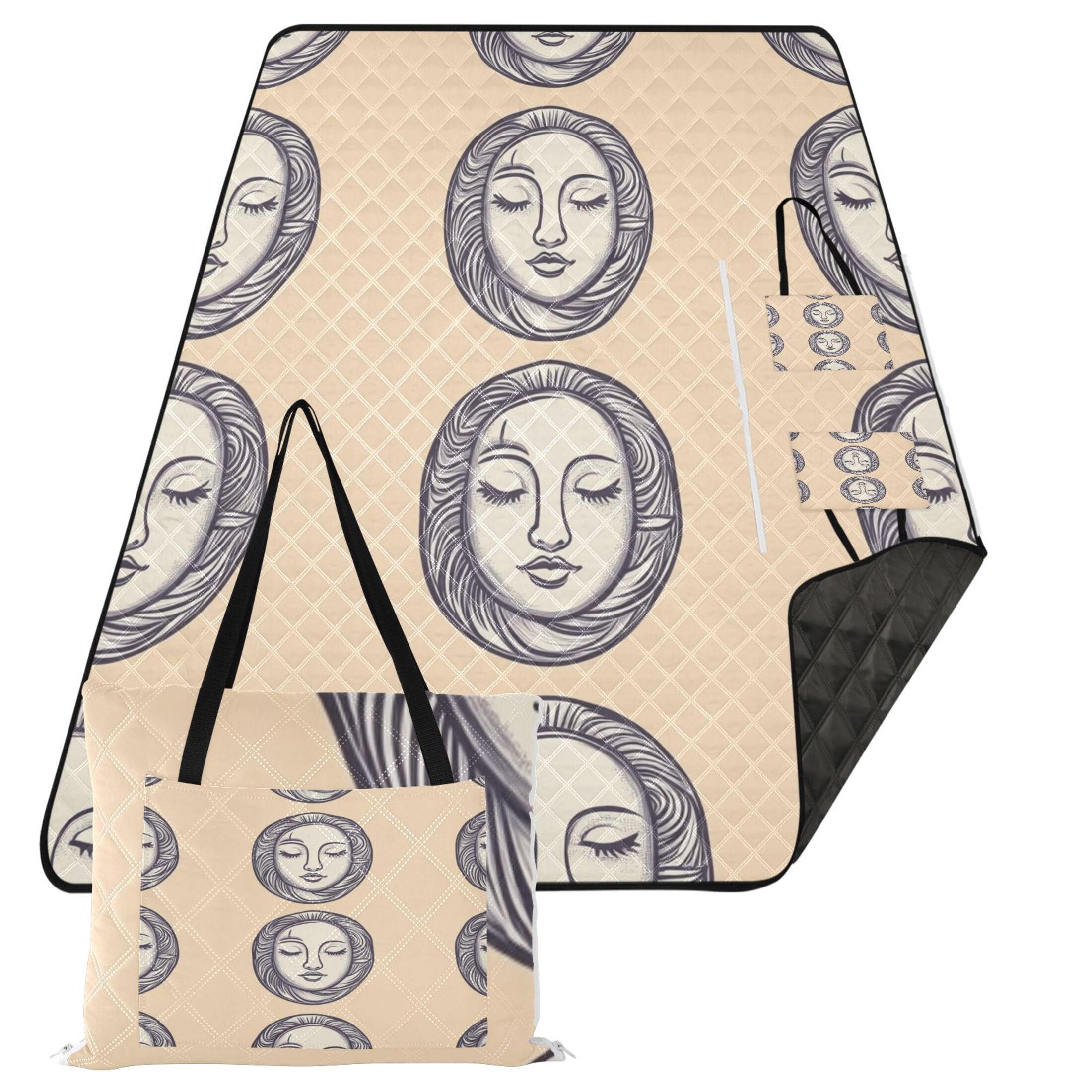 Artistic Facial Patterns 80x118in Waterproof Camping Blanket, Foldable ...
