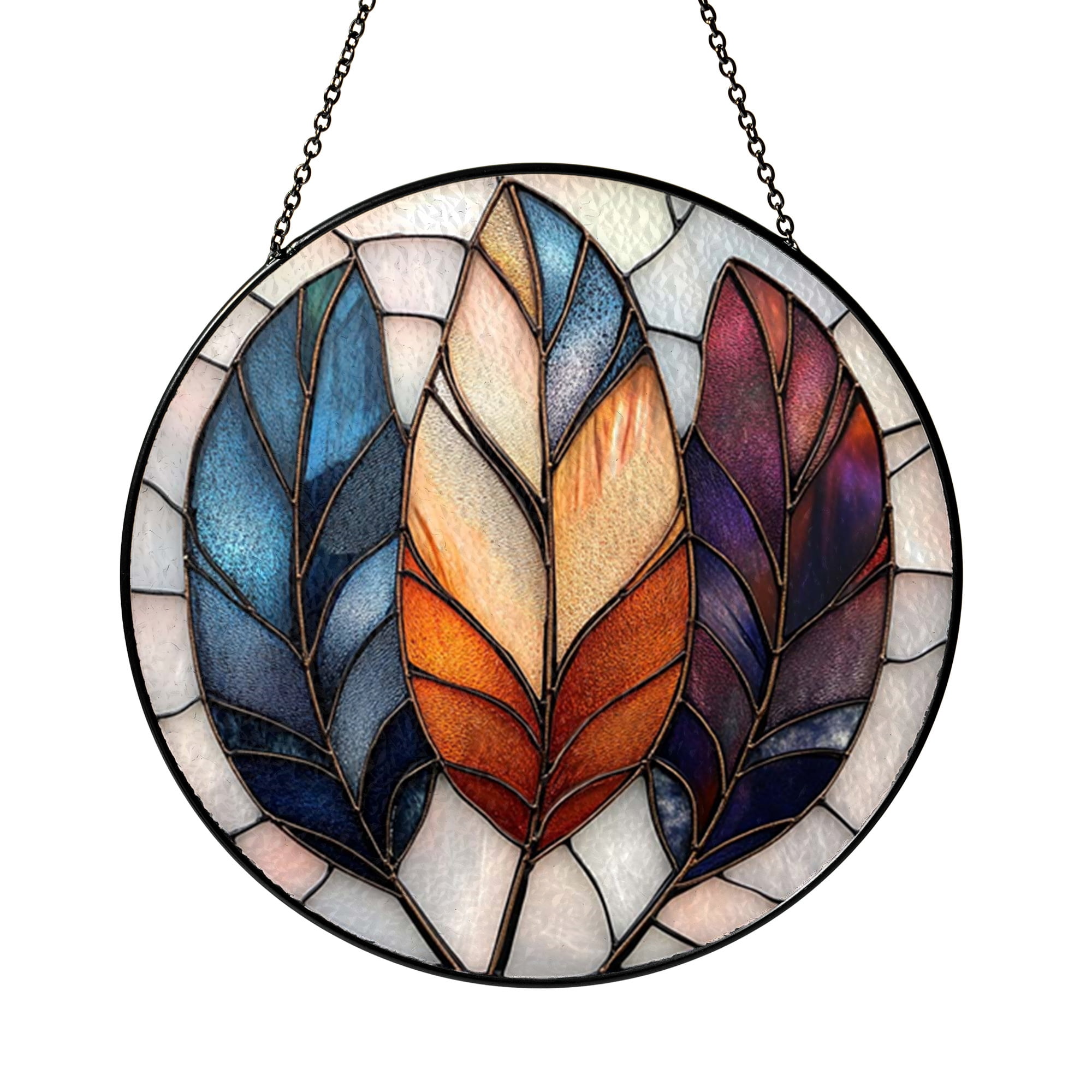 Artistic Feather Pattern Stained Glass Style Round Window Hanging2301 ...