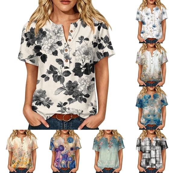 Artistic Floral & Abstract Print Henley Blouse for Women - Short Sleeve ...