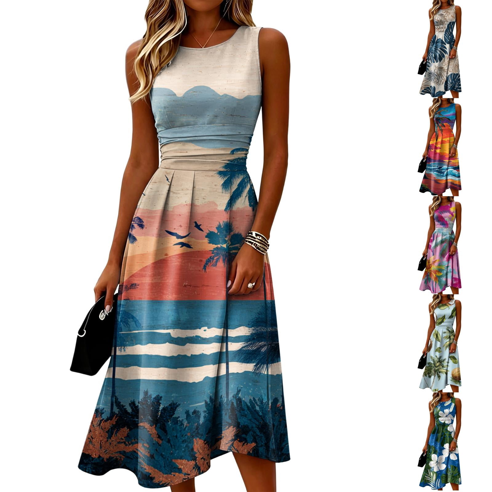 Artistic Floral & Botanical Print Sleeveless Midi Dress for Women ...