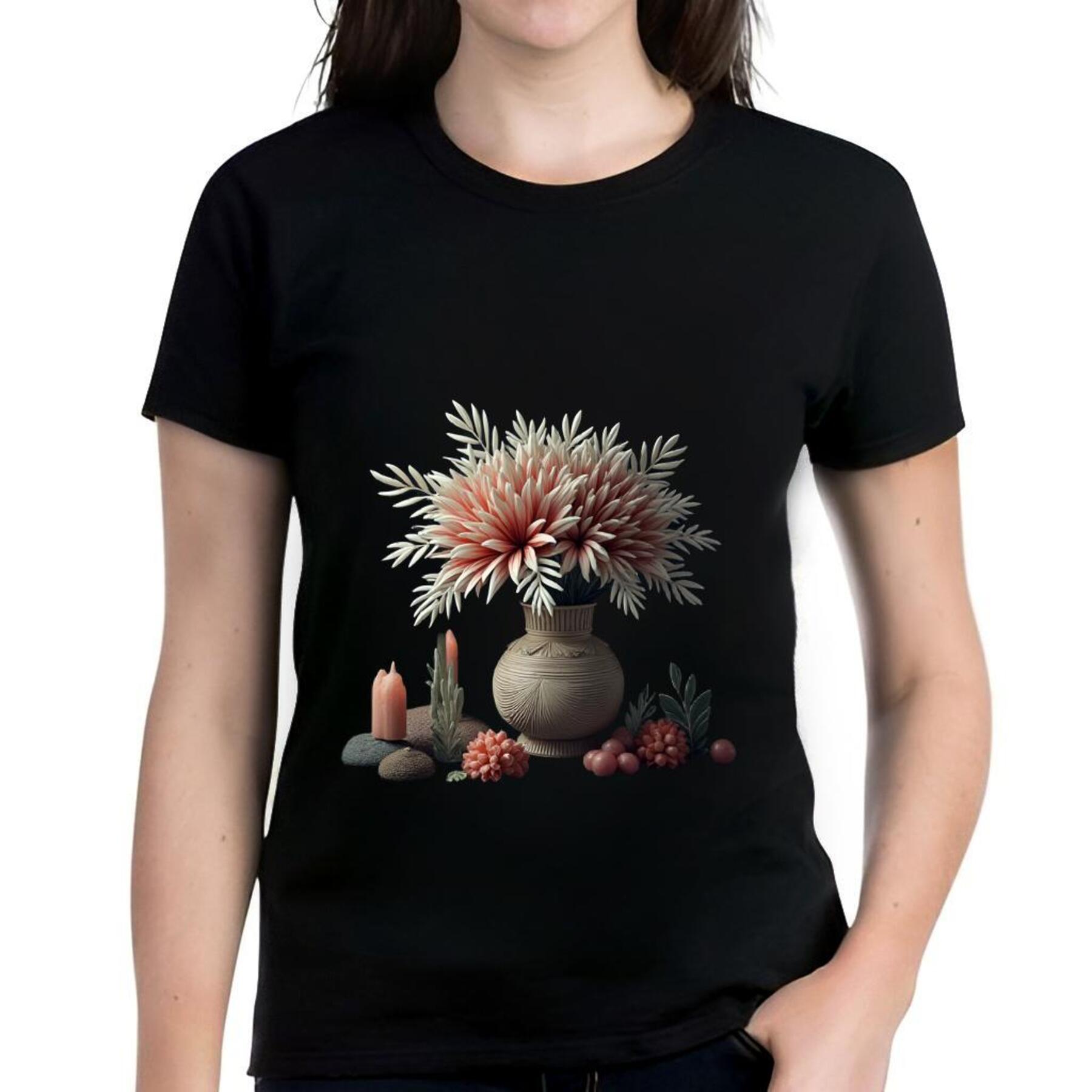 Artistic Floral Design Cotton Short Sleeve T-Shirt for Women - Serene ...