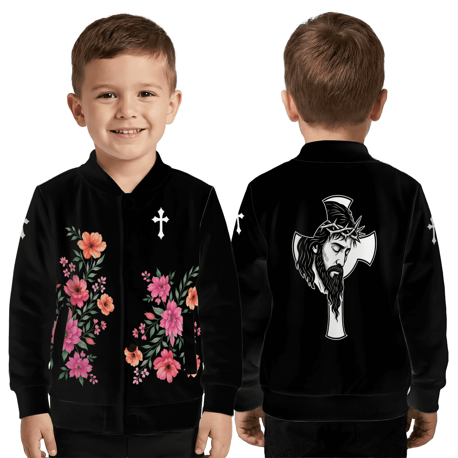 Artistic Floral Jesus Cross Baseball Jacket, Jesus Christ Crucifix ...