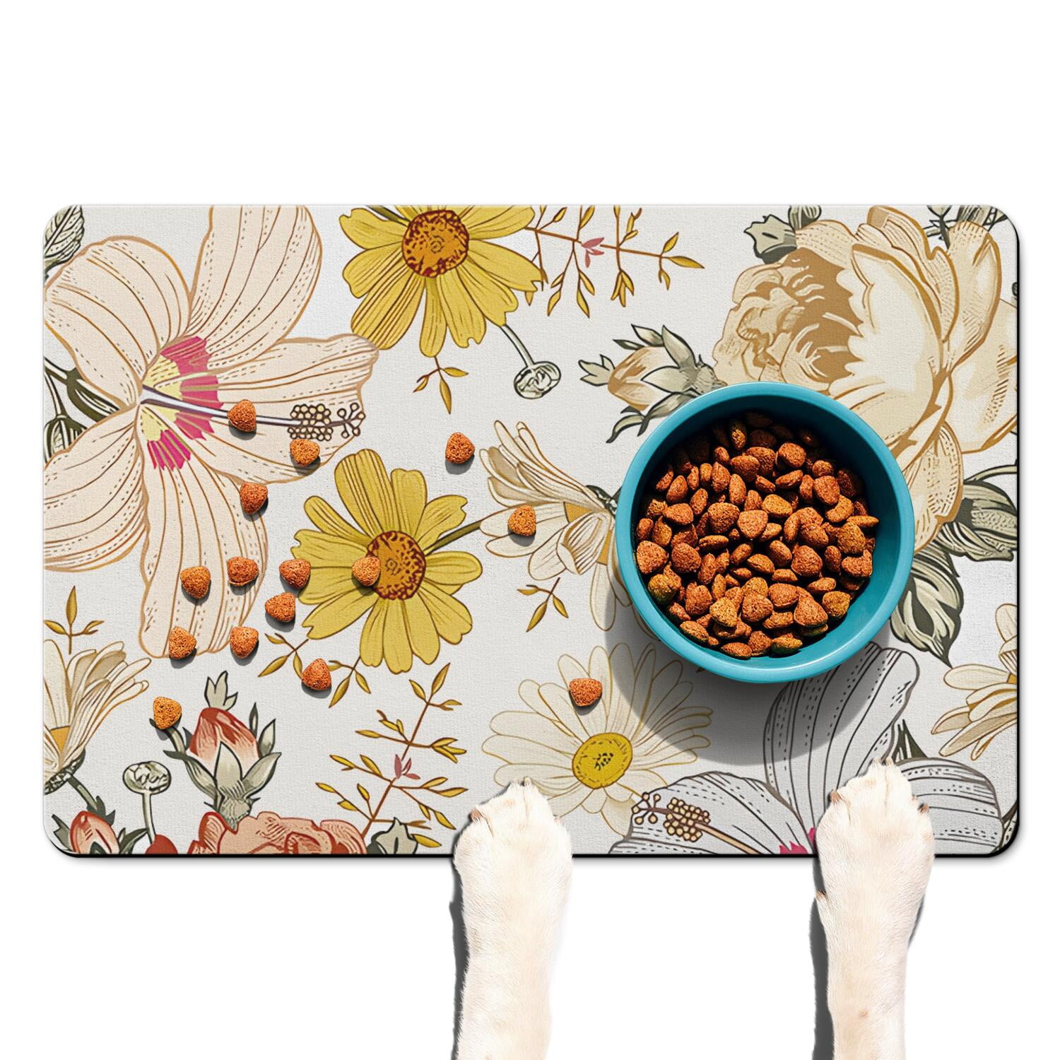 Artistic Floral Pet Feeding Mat - Vintage Design Dog Food Mat, Non-Slip ...
