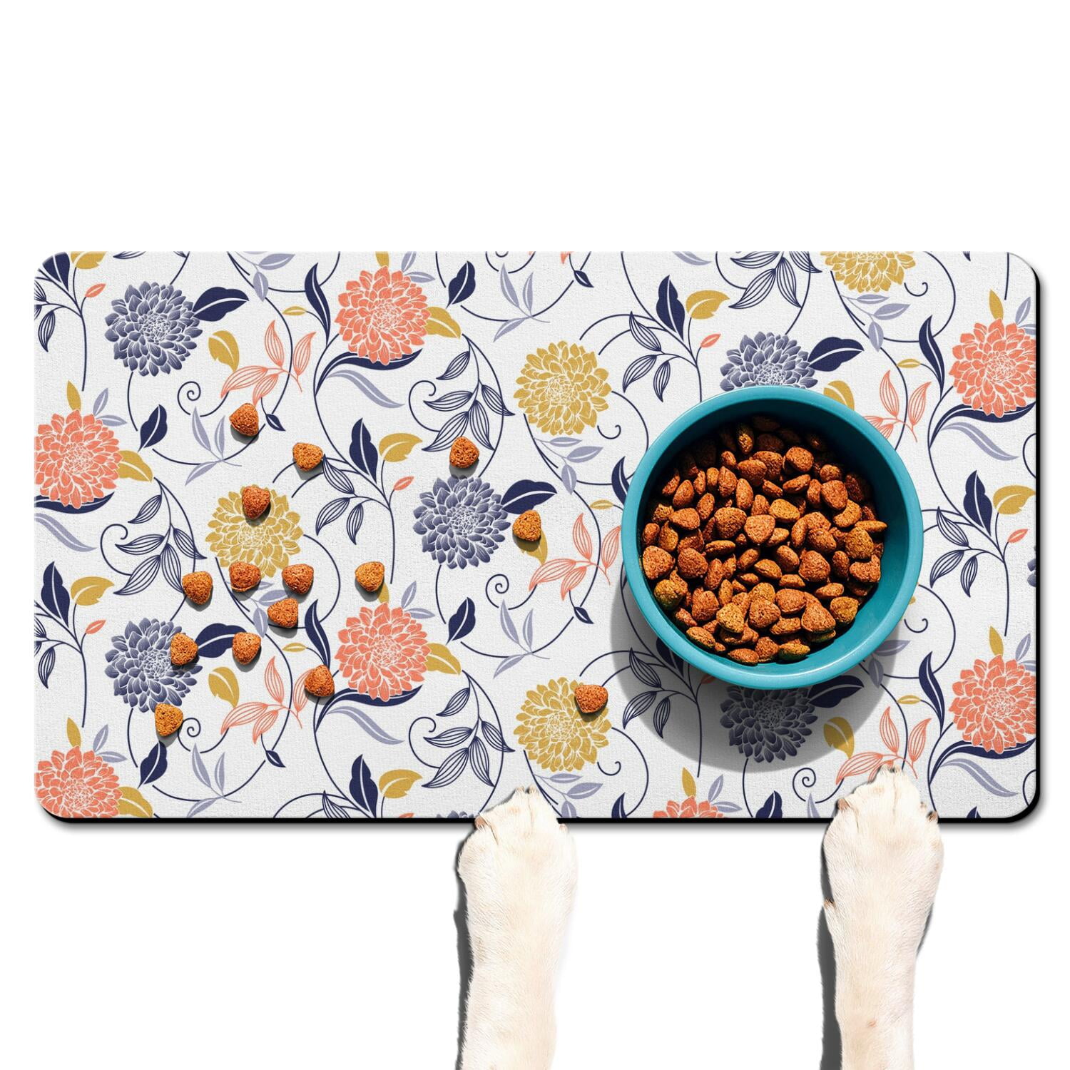 Artistic Floral Pet Feeding Mat - Vintage Design Dog Food Mat, Non-Slip ...
