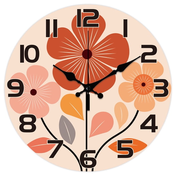 Artistic Flowers Pattern Wall Clock 12 Inch Non-Ticking Clocks Round ...