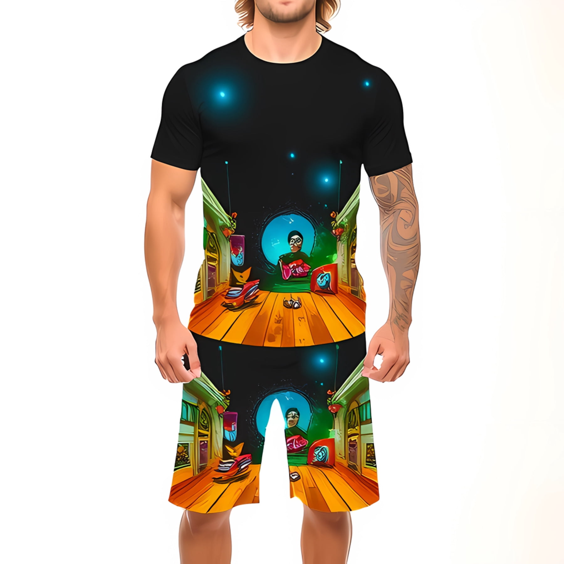 Artistic Graphic T-Shirt and Shorts Set - Cozy Room Scene Design in ...