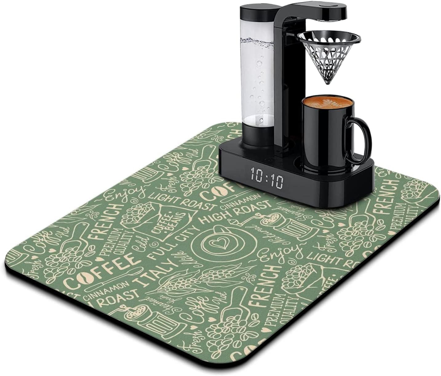 Artistic Green Coffee Doodle Kitchen Mats Rubber Dish Drying Mat for ...