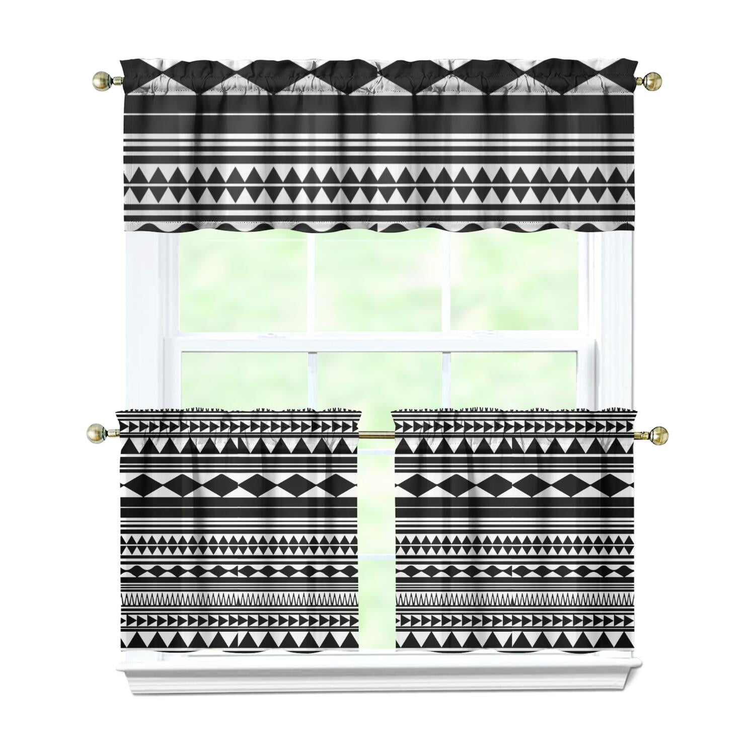 Artistic Kitchen Window Curtains - Retro Ethnic Nordic Design, 3-Pack ...
