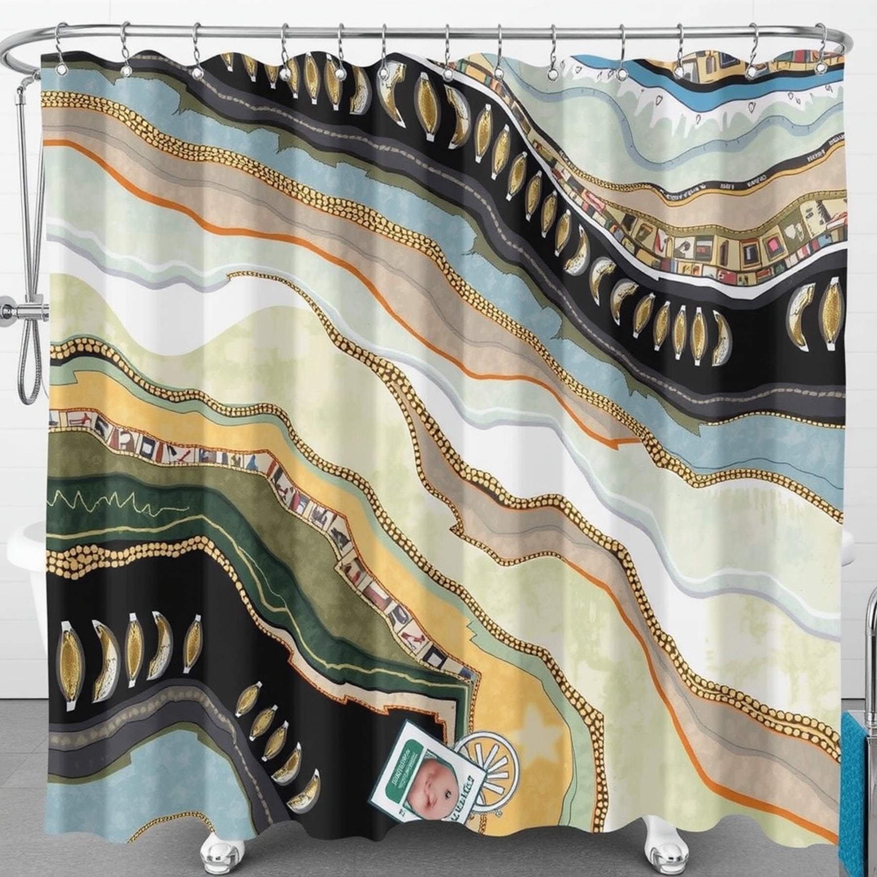 Artistic Layered Geological Shower Curtain with Gold Accents & Face ...