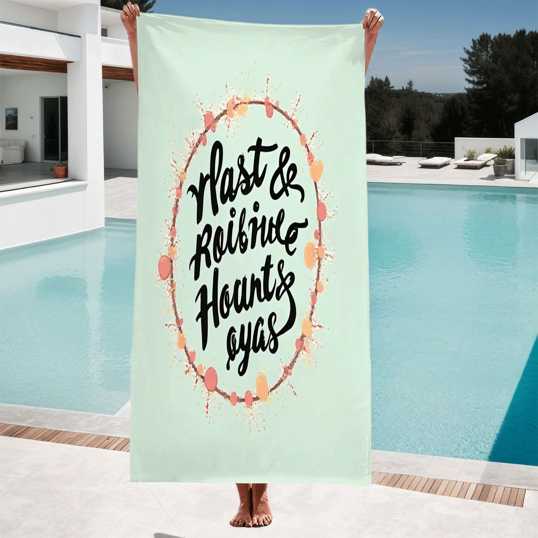 Artistic Light Green Beach Towel with Vibrant Orange & Red Circular ...
